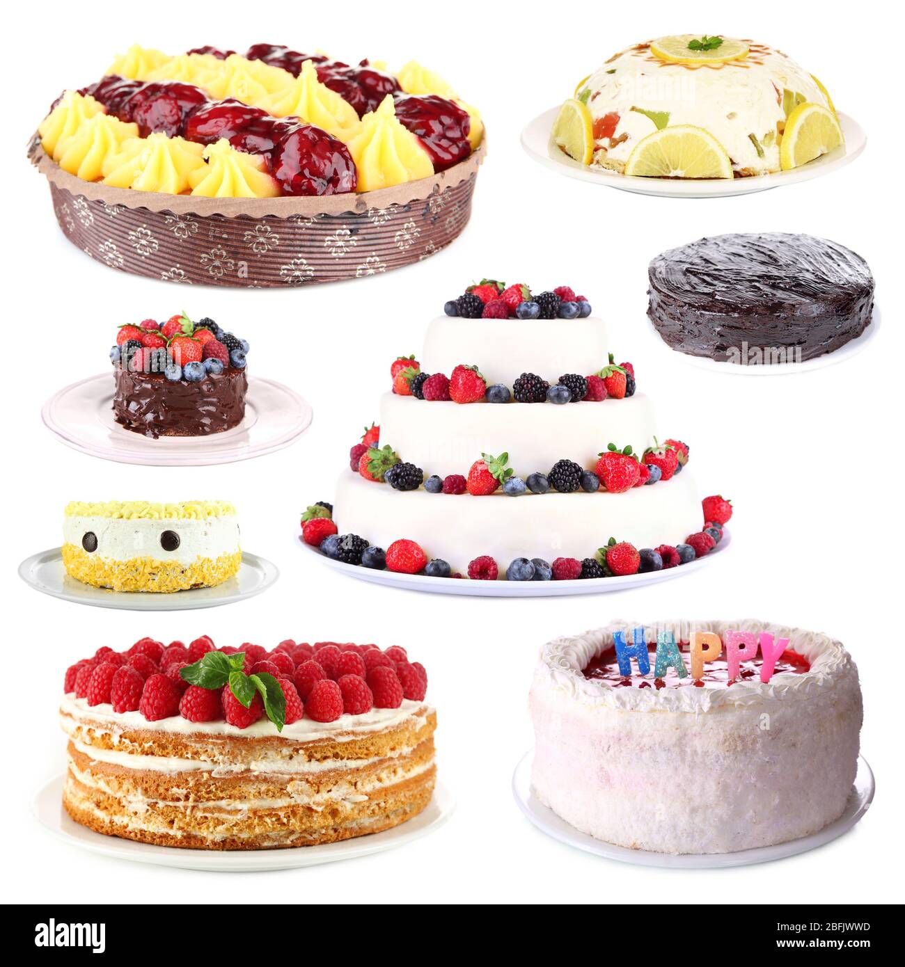 Collage of tasty cakes, isolated on white Stock Photo - Alamy