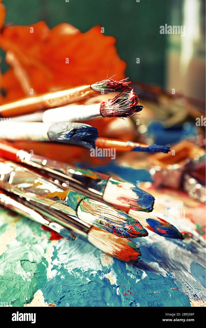 Beautiful still life with professional art materials, close up Stock ...