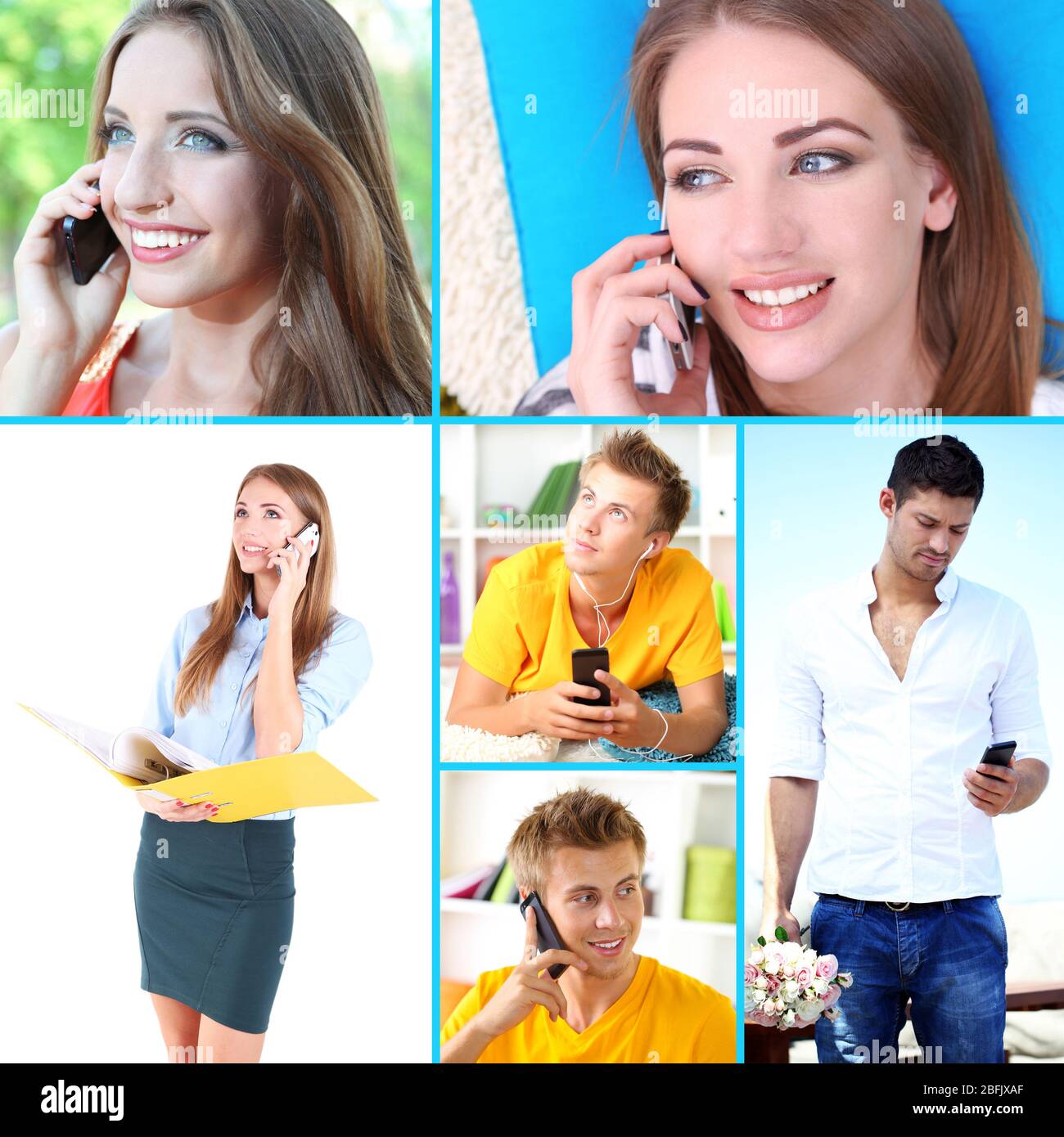 Connection concept. People with mobile phone collage Stock Photo - Alamy