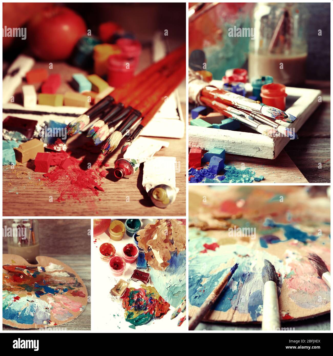 Beautiful still life with professional art materials collage Stock ...