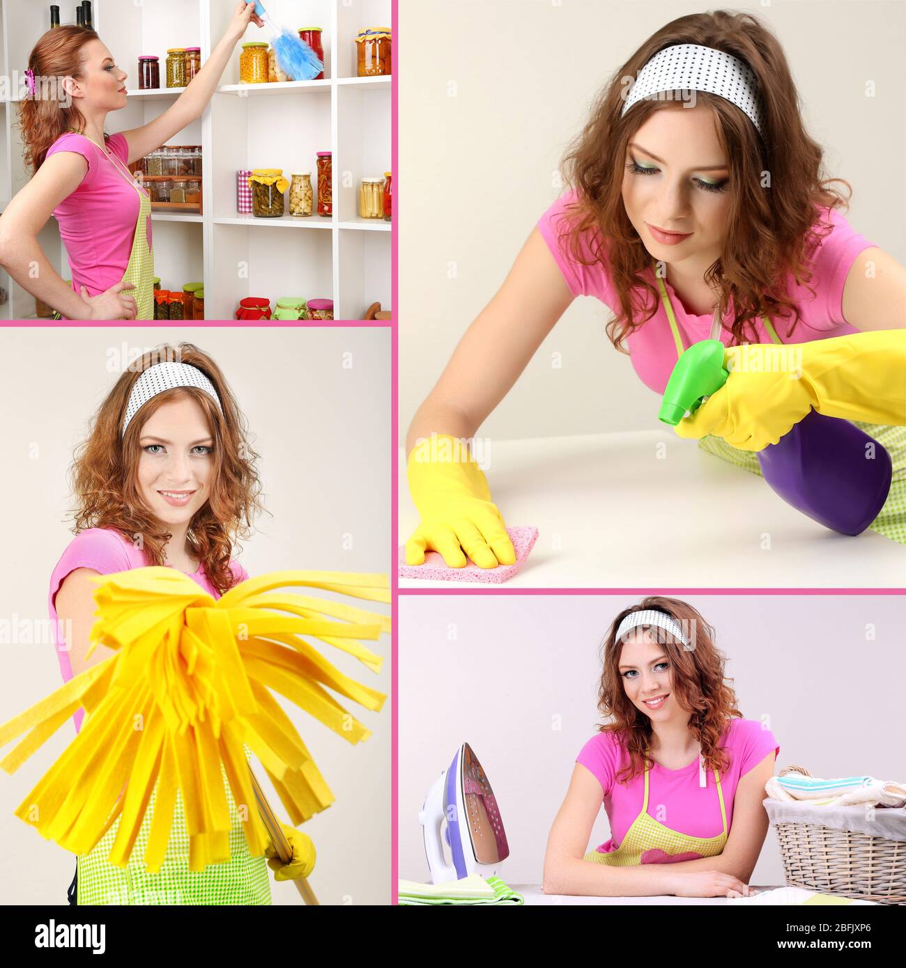 Clean concept. Young housewife with cleaning supplies and tools collage ...