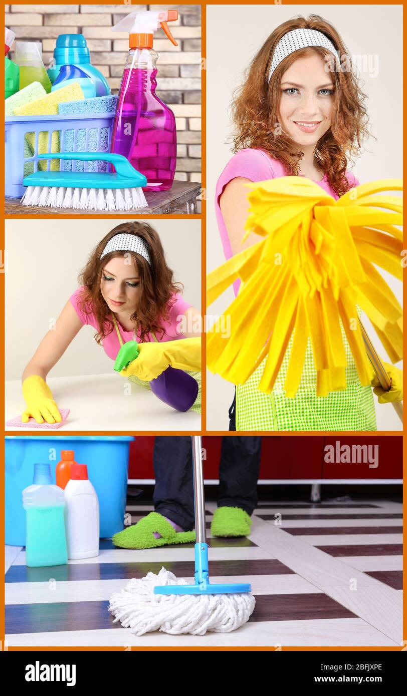 Clean concept. Young housewife with cleaning supplies and tools collage ...