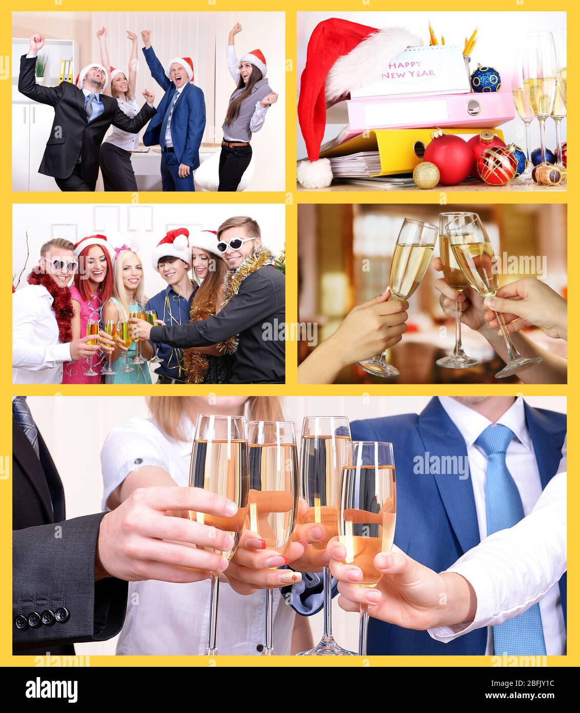 Collage of photos with New Year celebration in office Stock Photo - Alamy