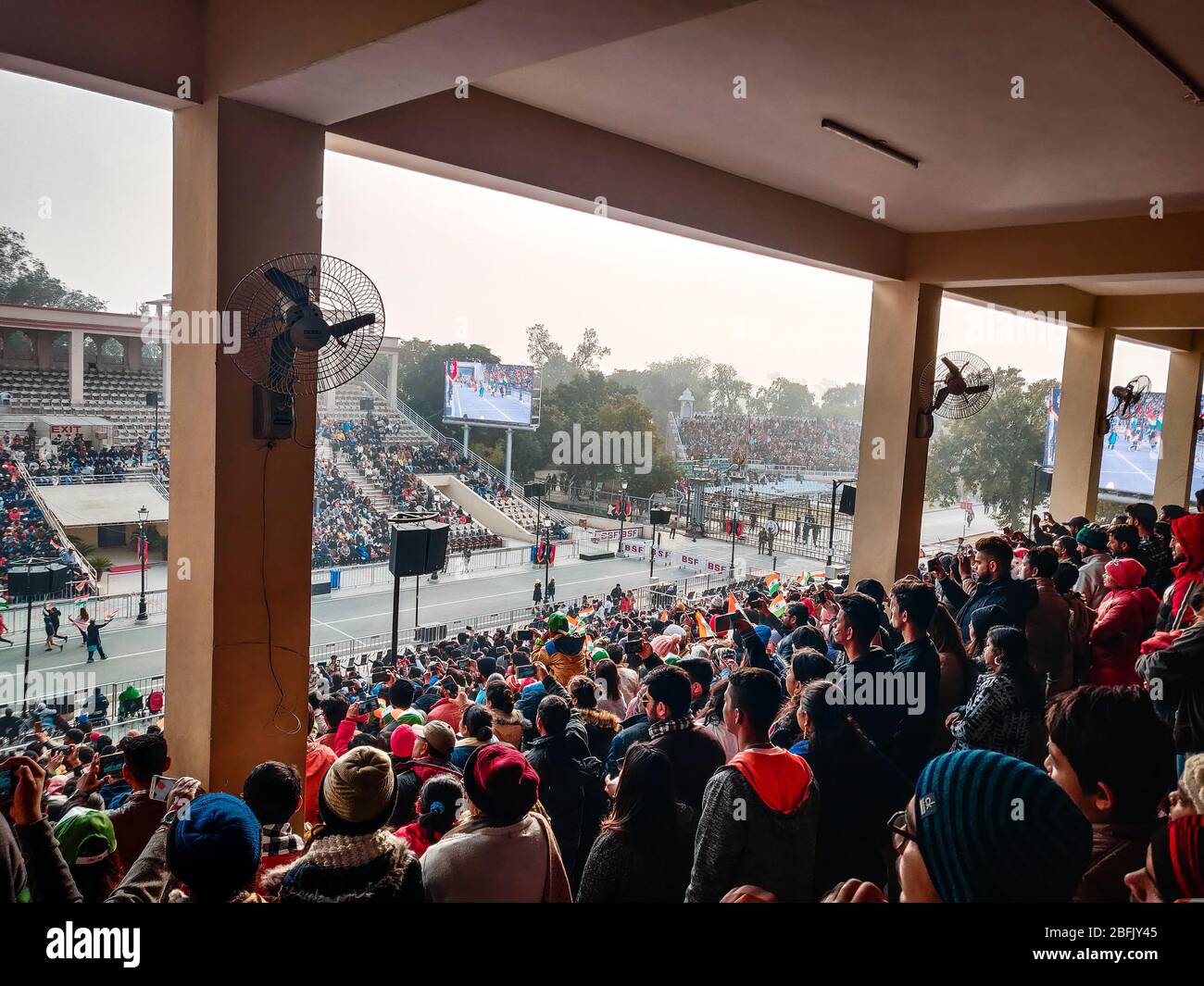 People gathered at India-Pakistan border in Wagha to watch an evening ...