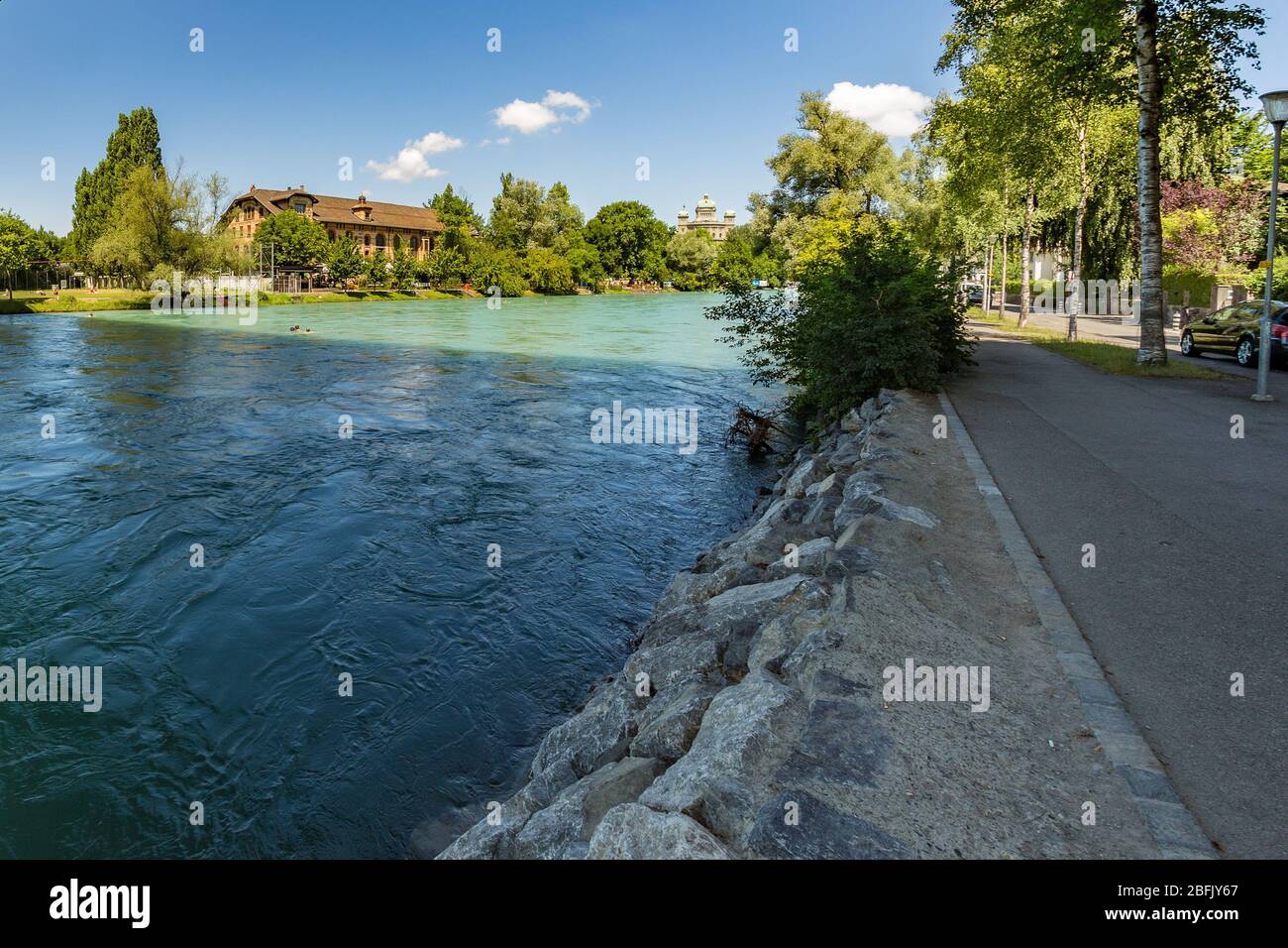 Bern, Switzerland - July 30, 2019: Concrete brige over the Aare river ...