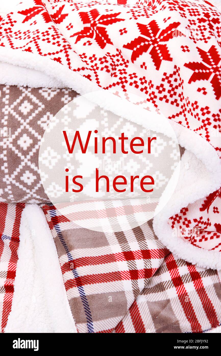 Winter is here, greeting card. Warm plaids close-up Stock Photo - Alamy