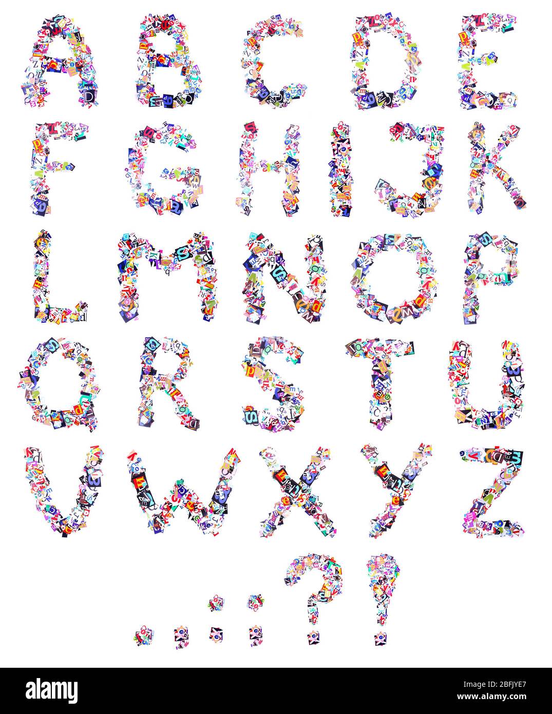 Colorful newspaper alphabet isolated on white Stock Photo - Alamy