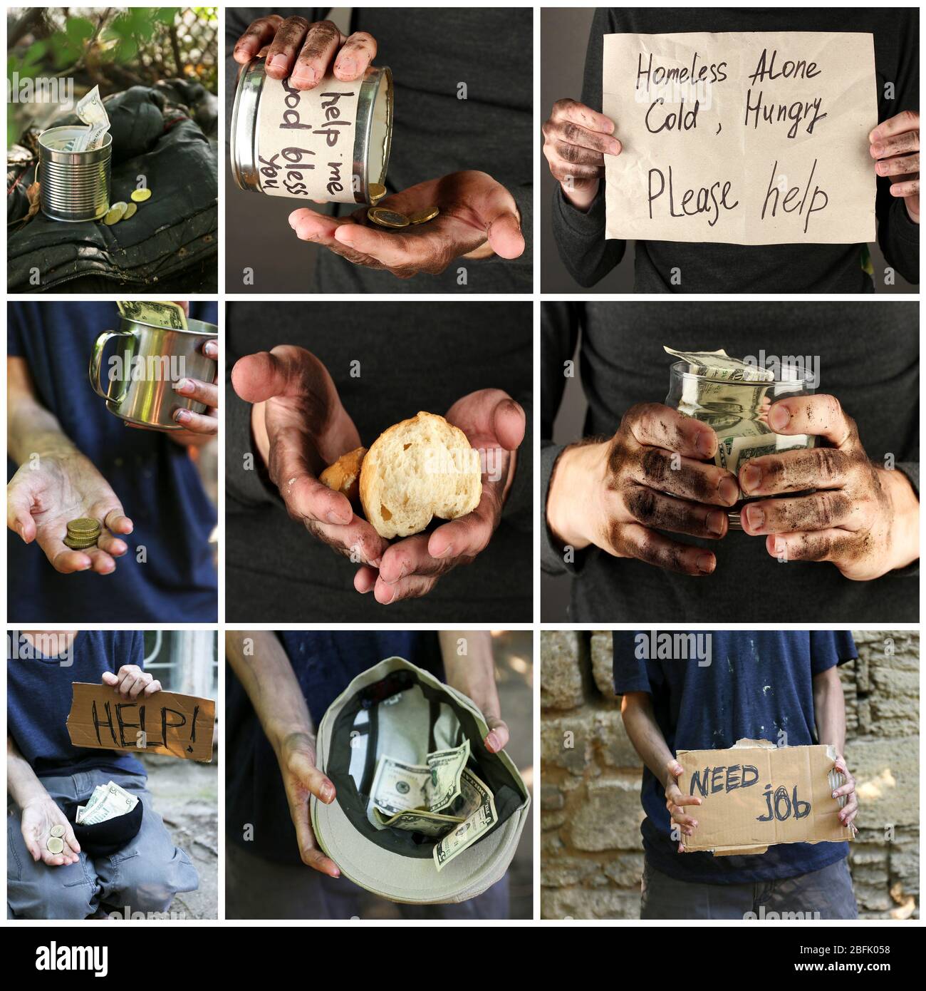 Poverty concept. Homeless men ask for help collage Stock Photo - Alamy
