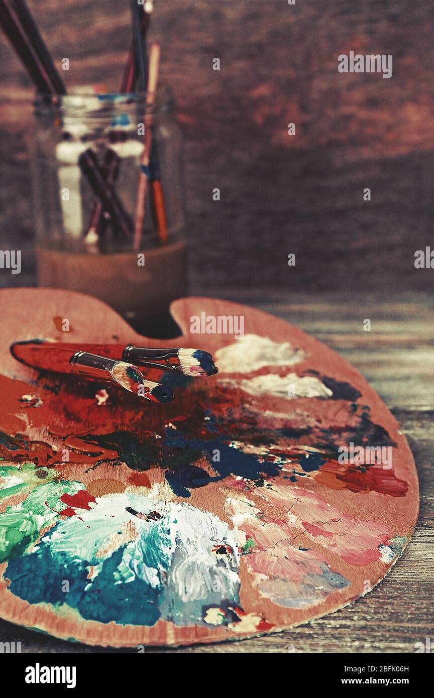 Beautiful still life with professional art materials, close up Stock ...