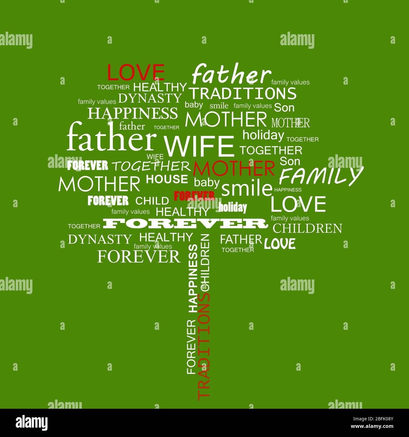 Family concept, tree of words on family theme on green background Stock ...