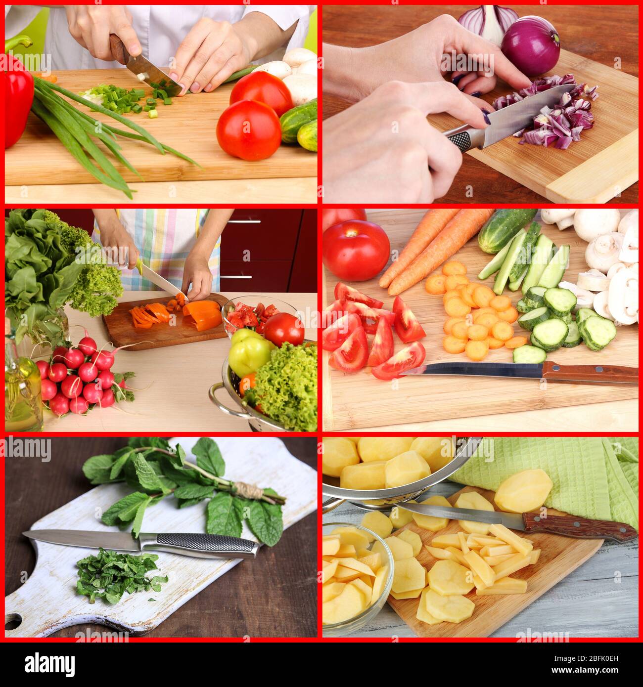 Collage of cutting different vegetables Stock Photo - Alamy