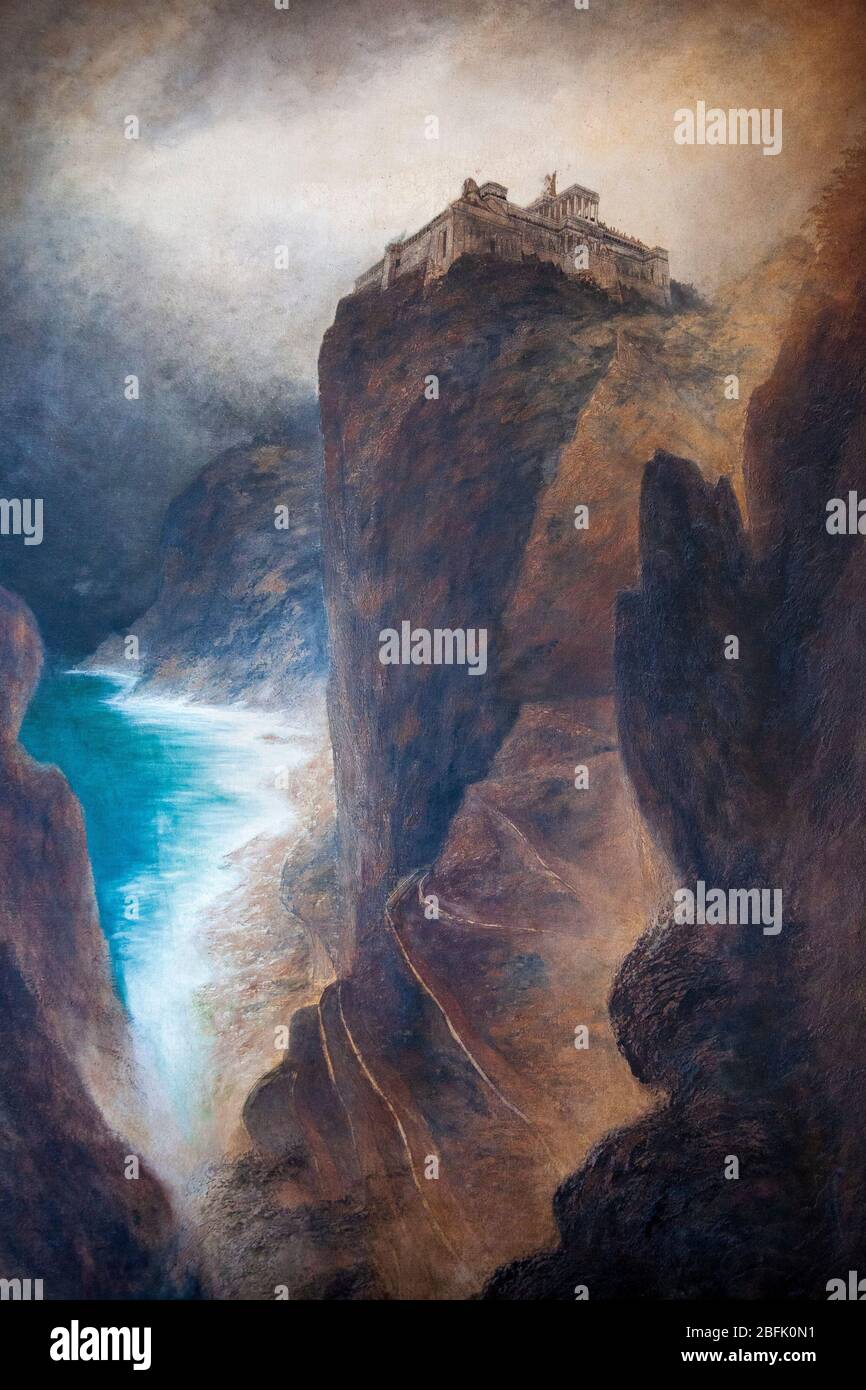 An old painting of Tiberius's Leap and the Roman Villa Jovis, Capri ...