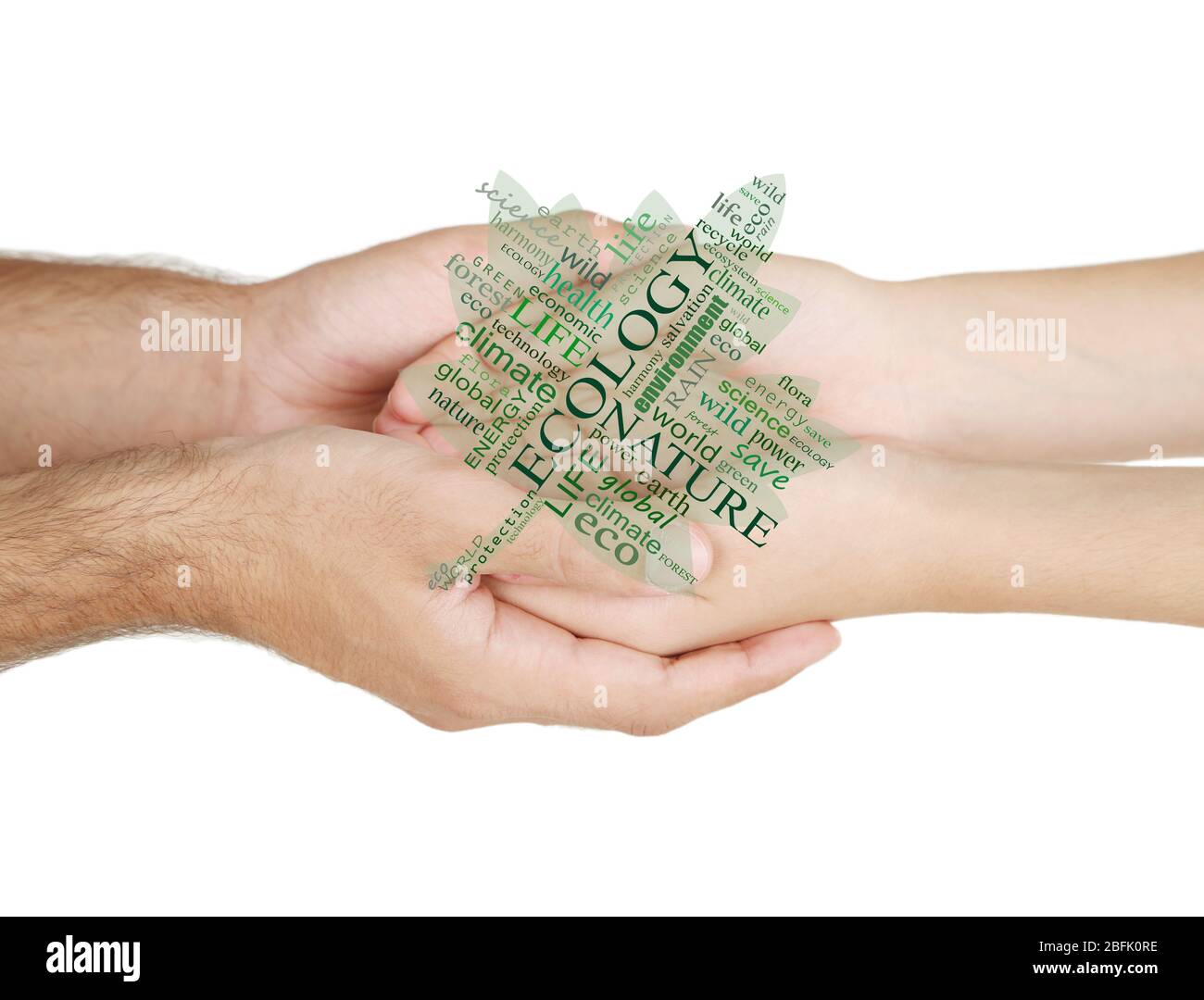 Concept of environmental protection, words in leaf shape in hands ...