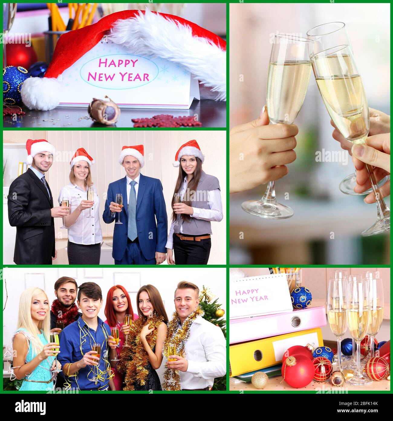 Collage of photos with New Year celebration in office Stock Photo - Alamy