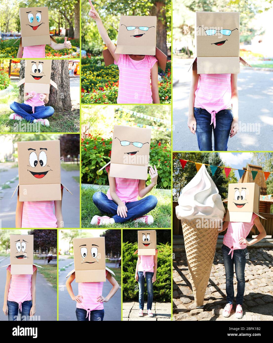 Collage of woman with cardboard box on her head, outdoors Stock Photo ...