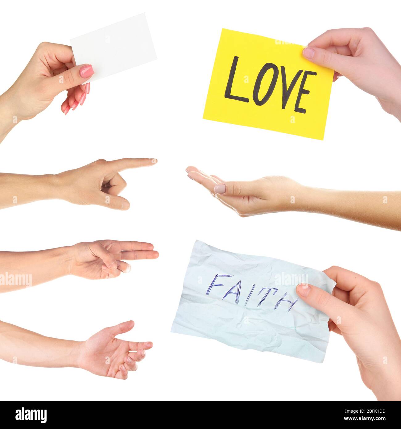 Hand collage, gestures set and hands with cards isolated on white Stock ...