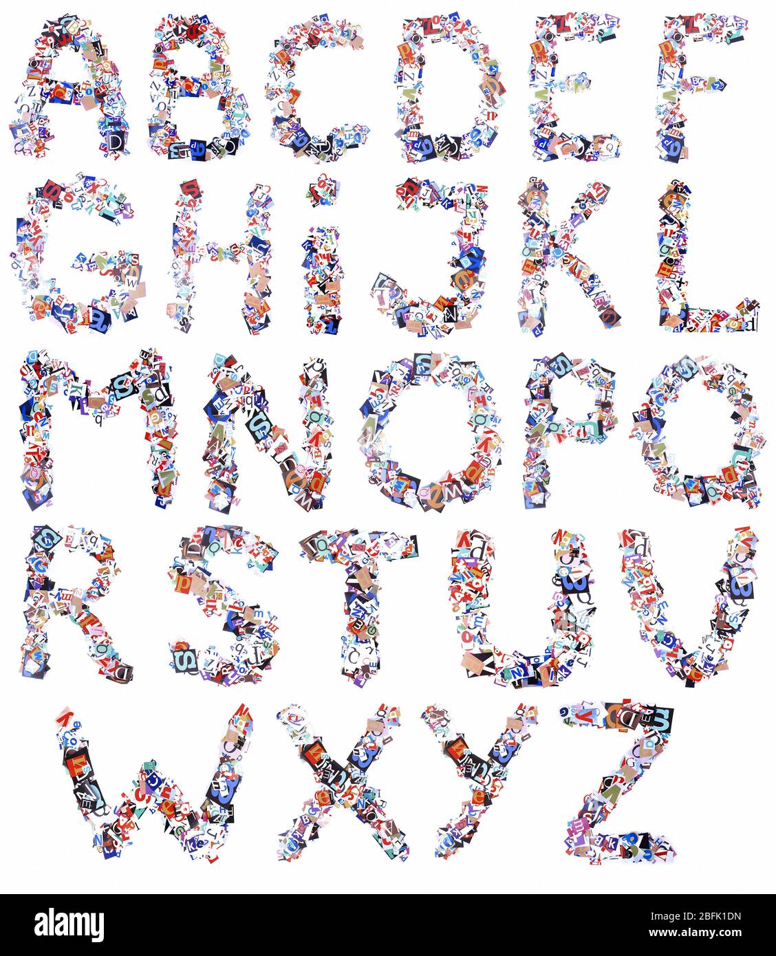 Colorful newspaper alphabet isolated on white Stock Photo - Alamy