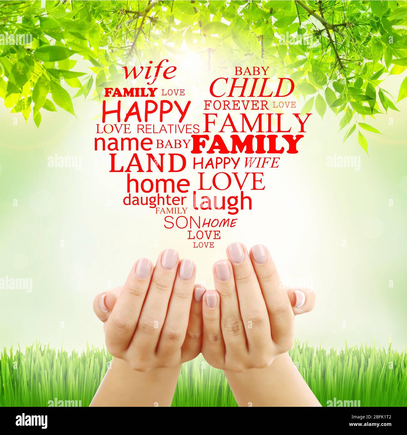 Family concept, family word cloud in hands on green background Stock ...