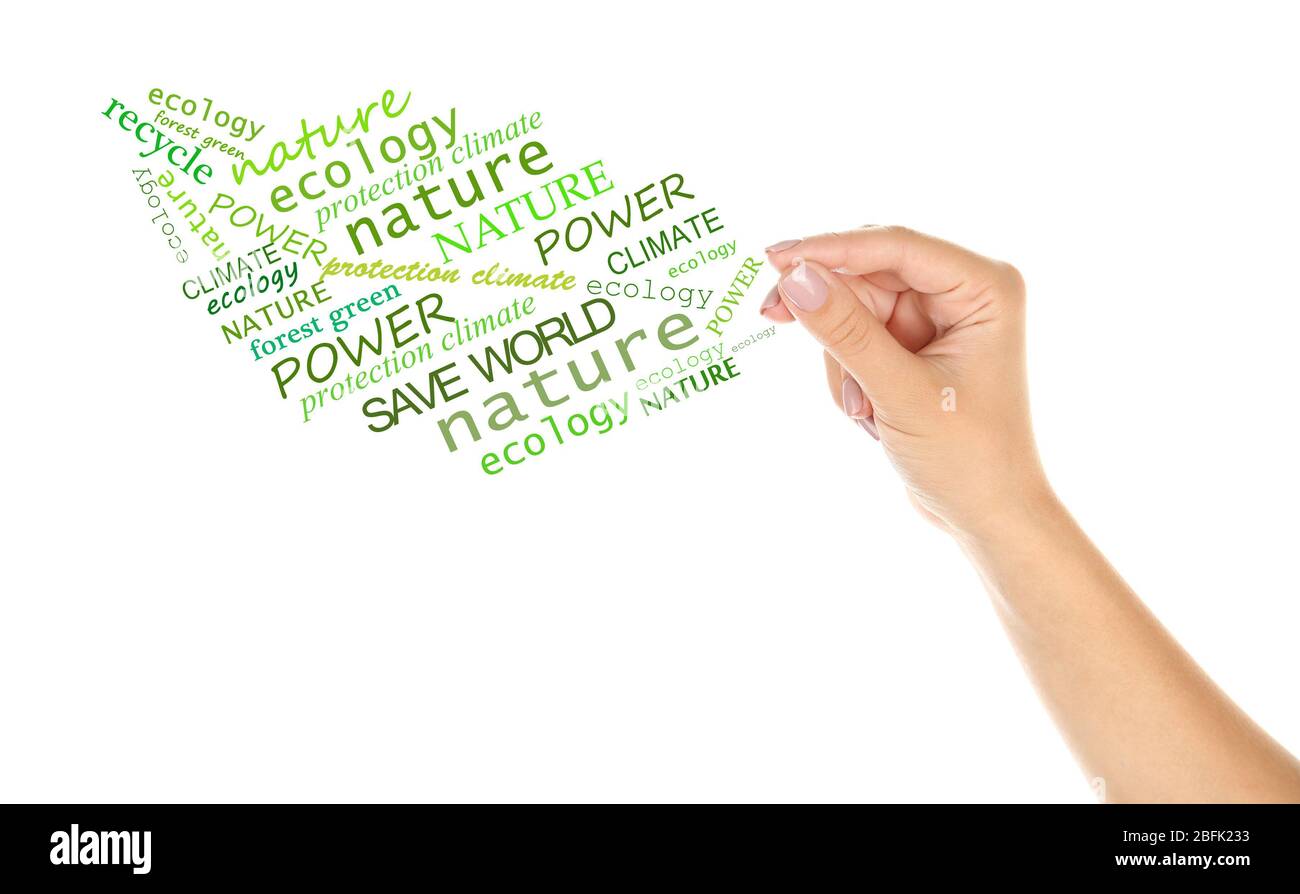 Concept of environmental protection, words in leaf shape in hand ...