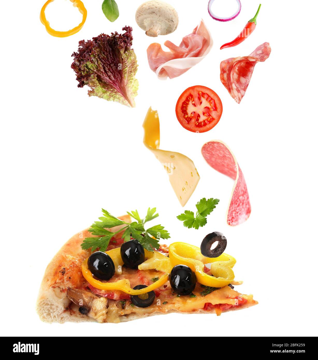 Tasty slice of pizza and falling ingredients isolated on white Stock ...