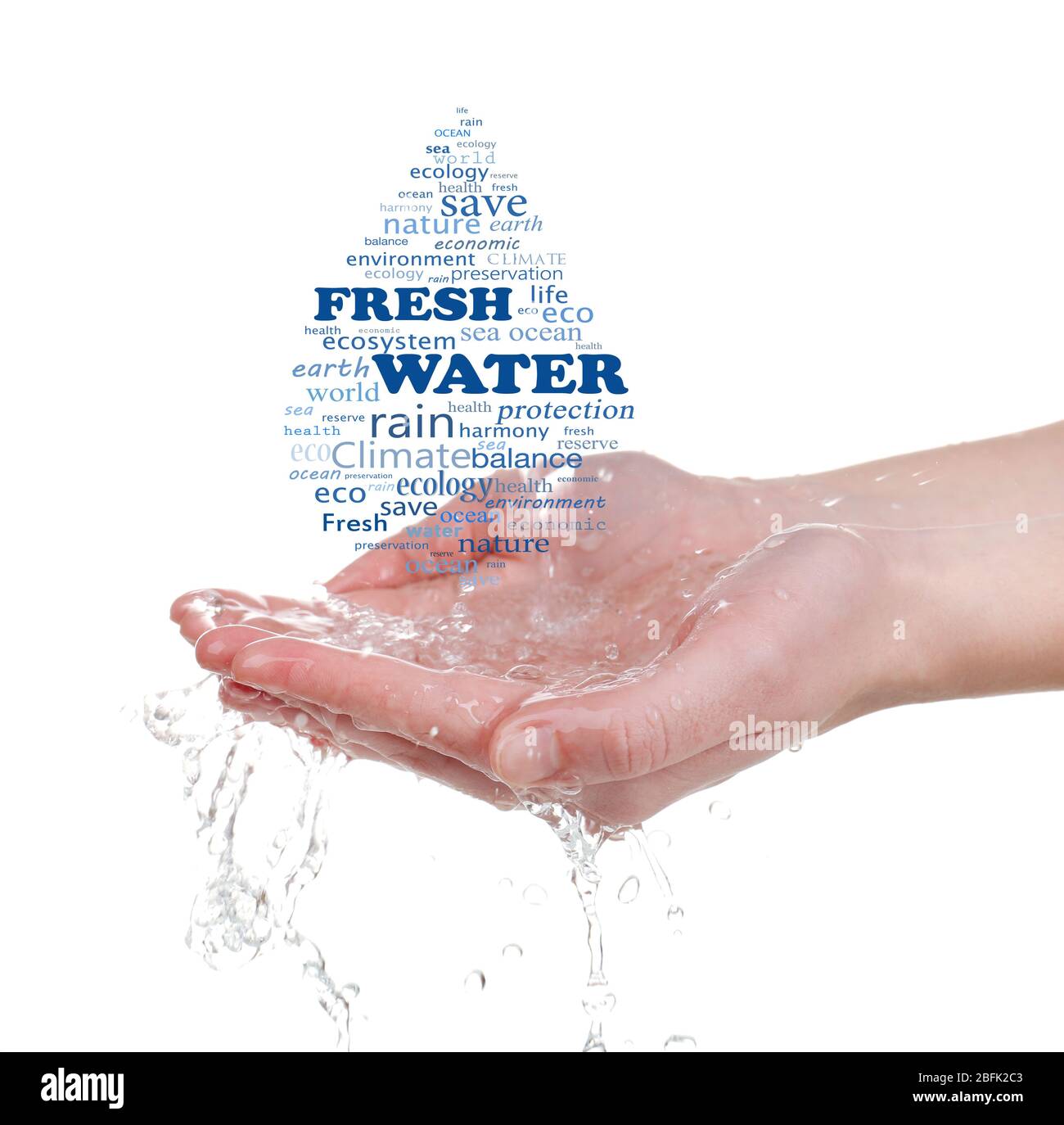 Concept of world's fresh water reserve, words in drop shape in hands ...