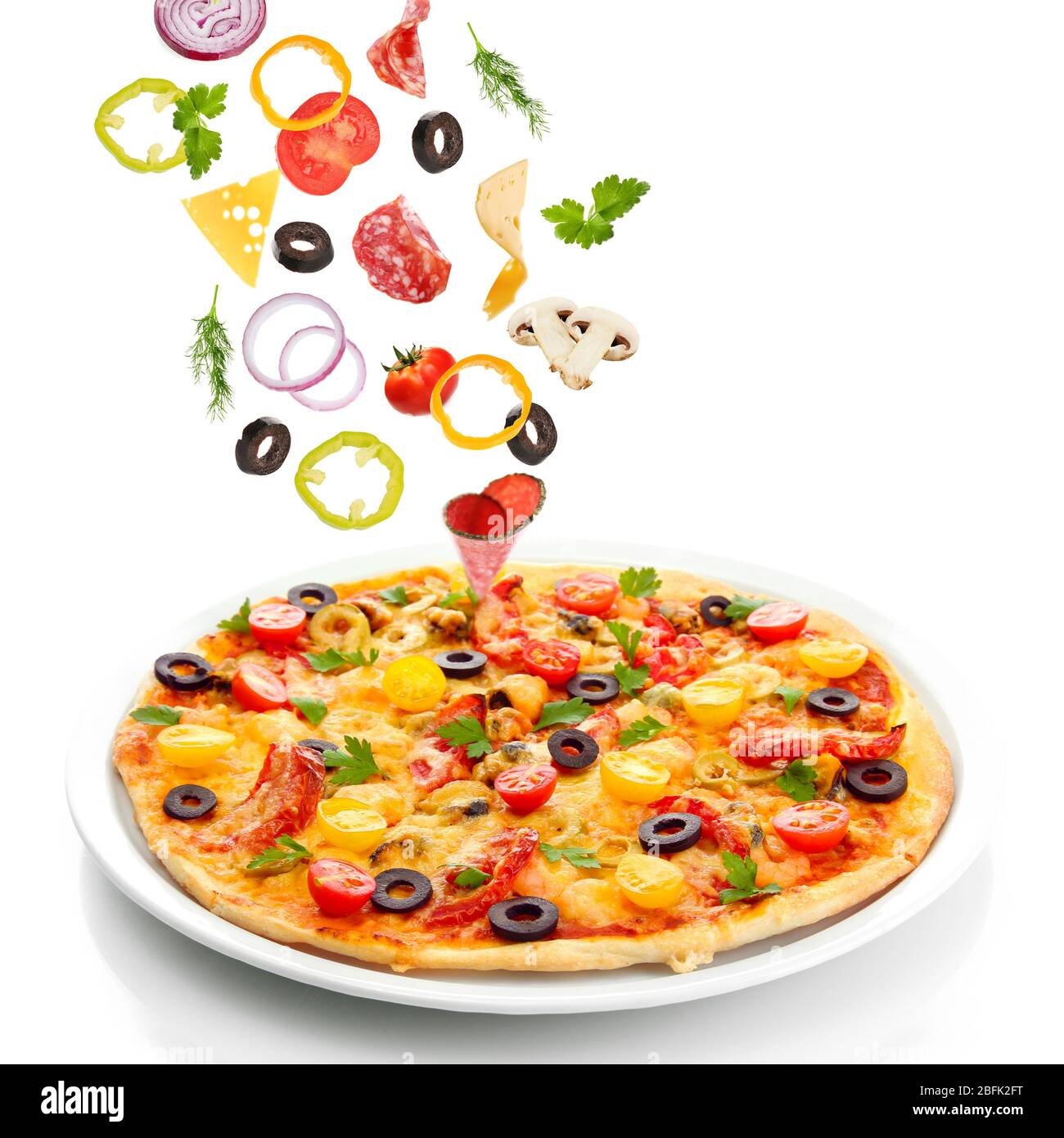 Tasty pizza and falling ingredients isolated on white Stock Photo - Alamy