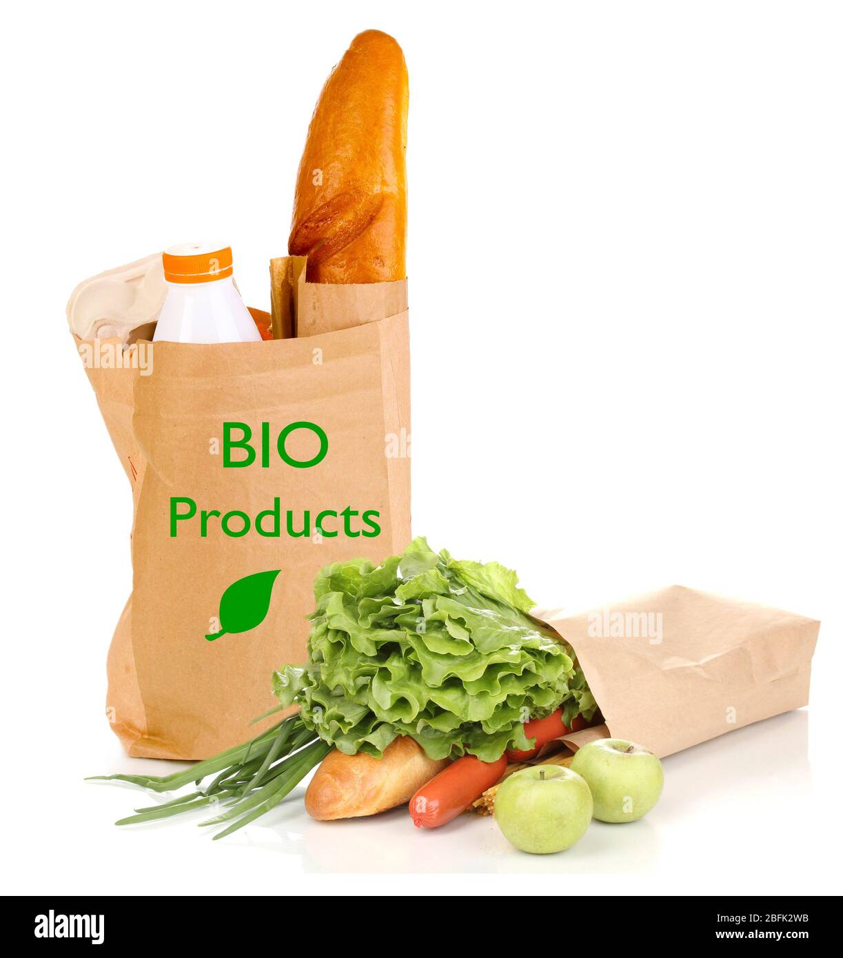 Paper bag with bio products isolated on white Stock Photo - Alamy