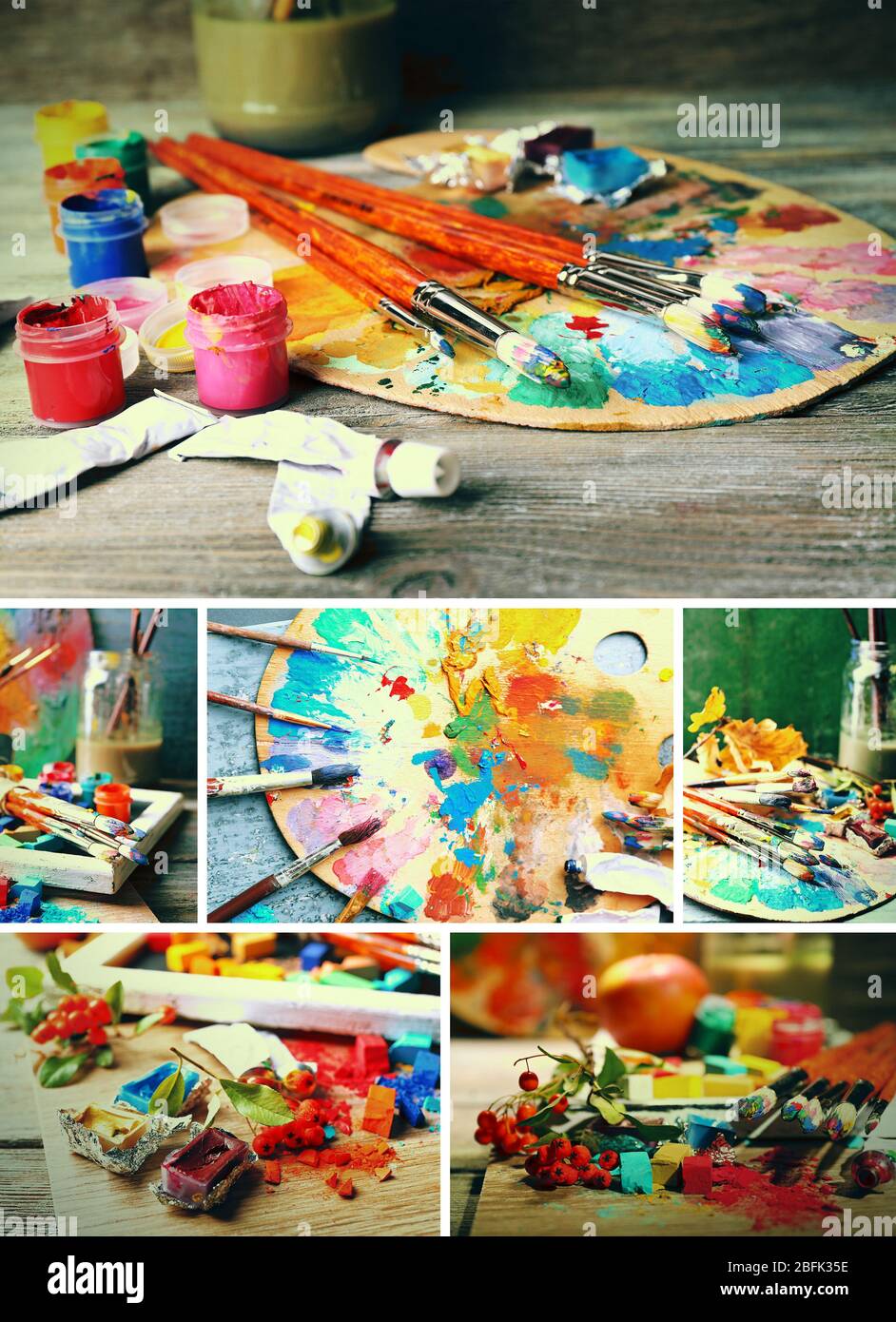 Beautiful still life with professional art materials collage Stock ...