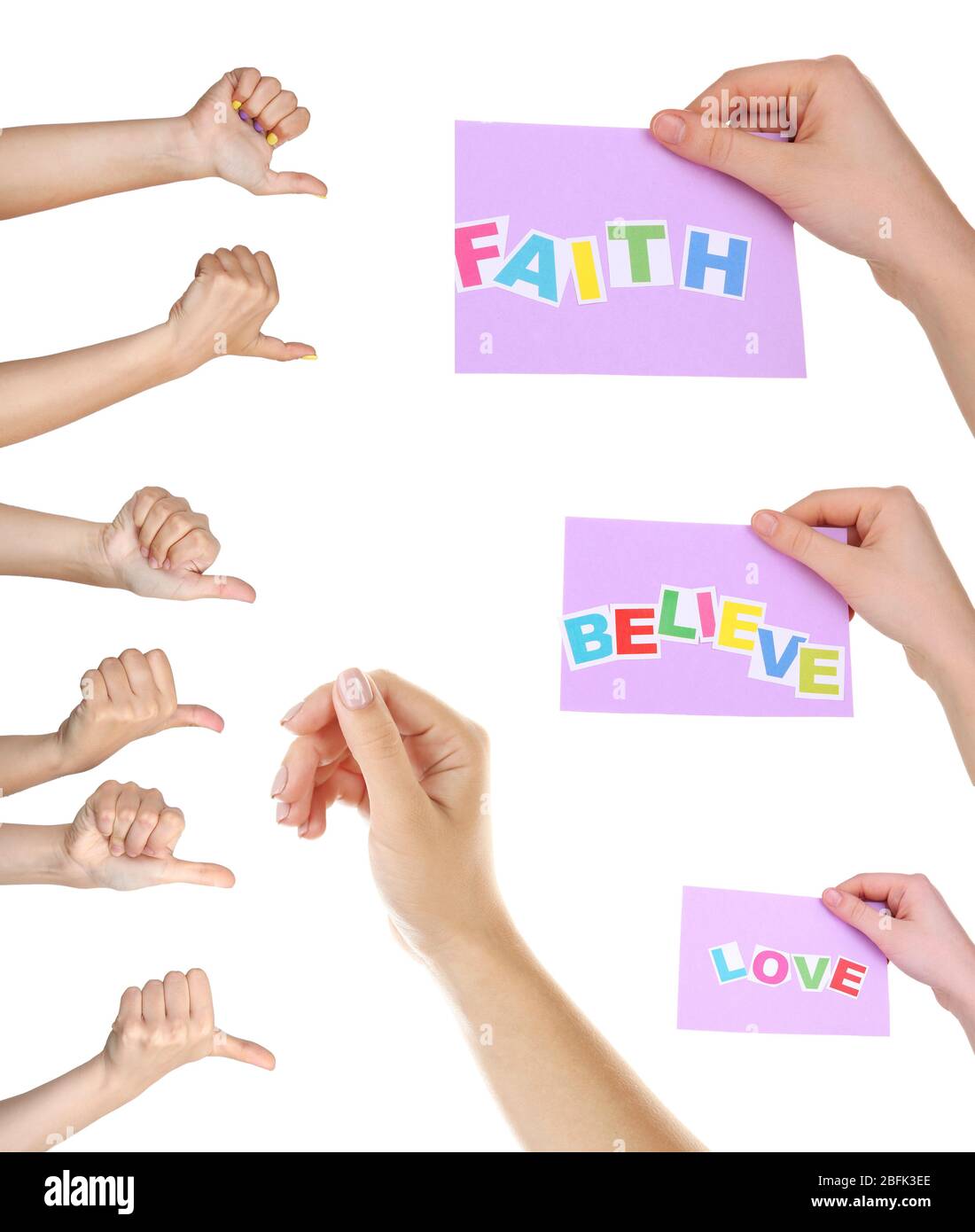 Hand collage, gestures set and hands with cards isolated on white Stock ...