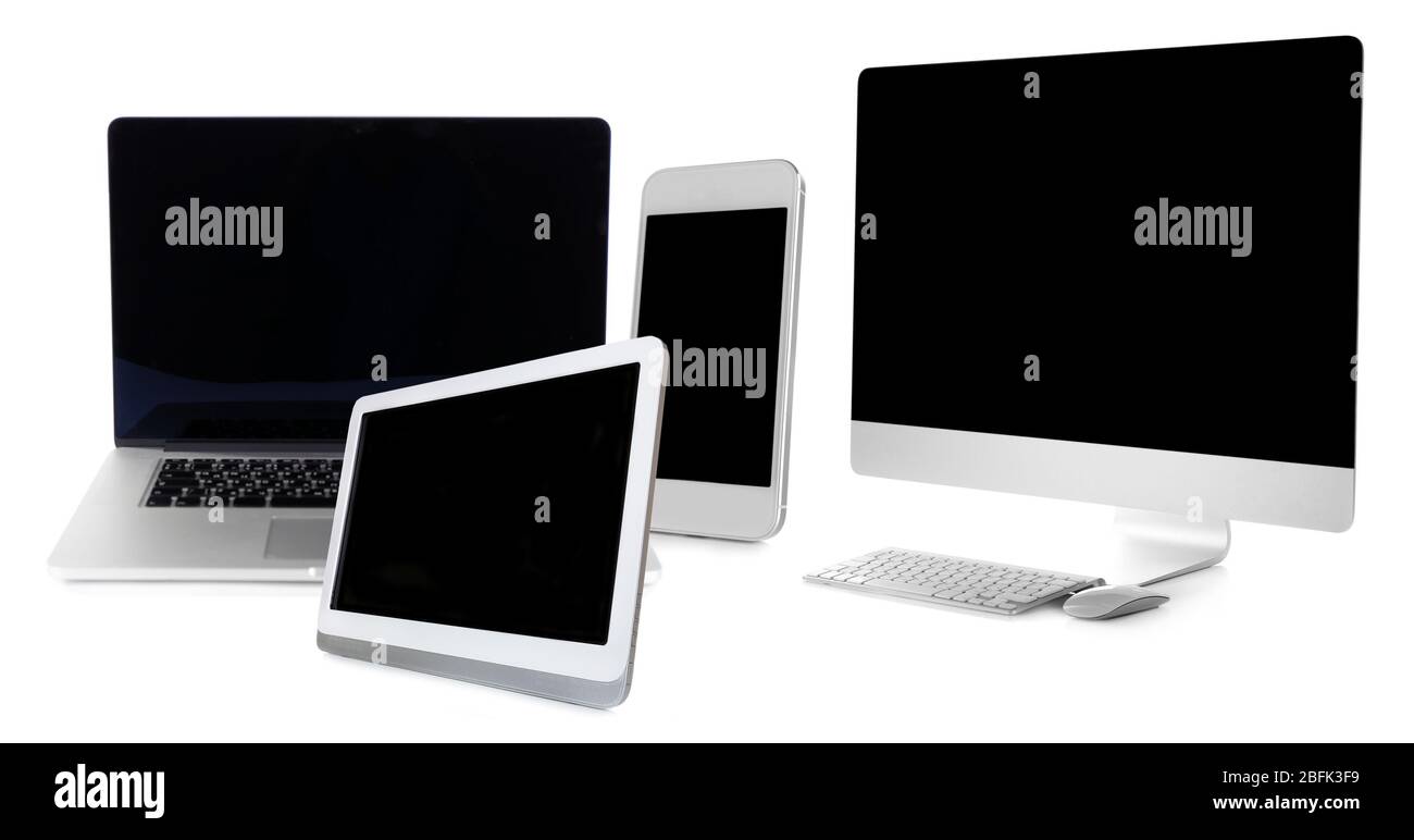 Computer, laptop, tablet and phone in collage isolated on white Stock ...