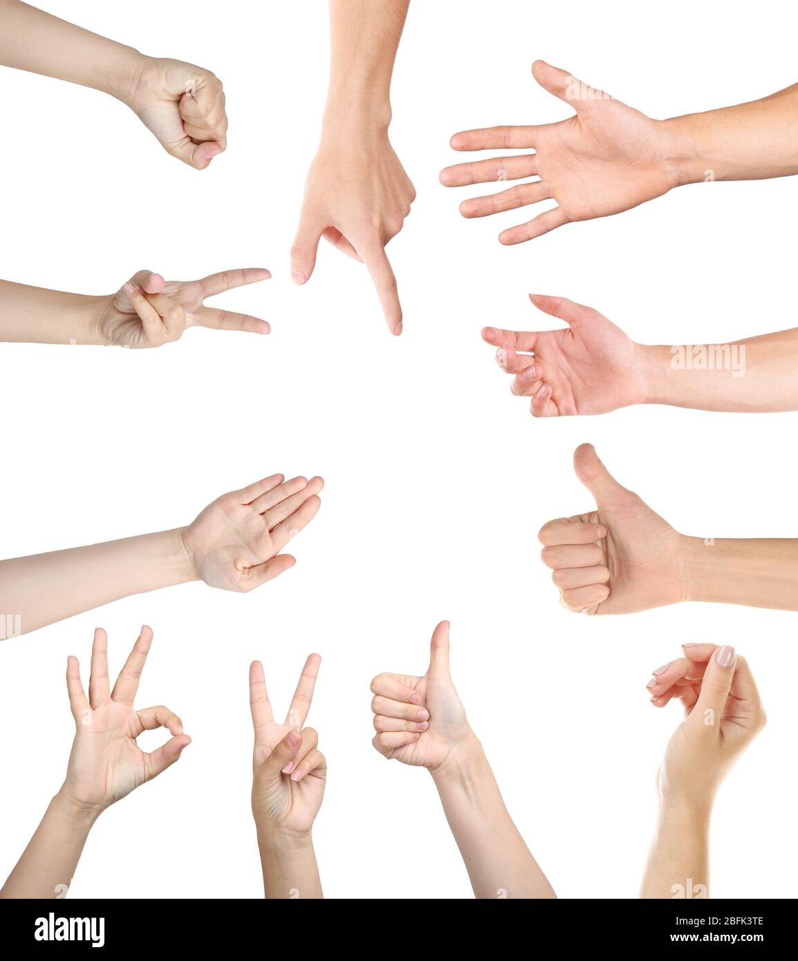 Hand collage, gestures set isolated on white Stock Photo - Alamy