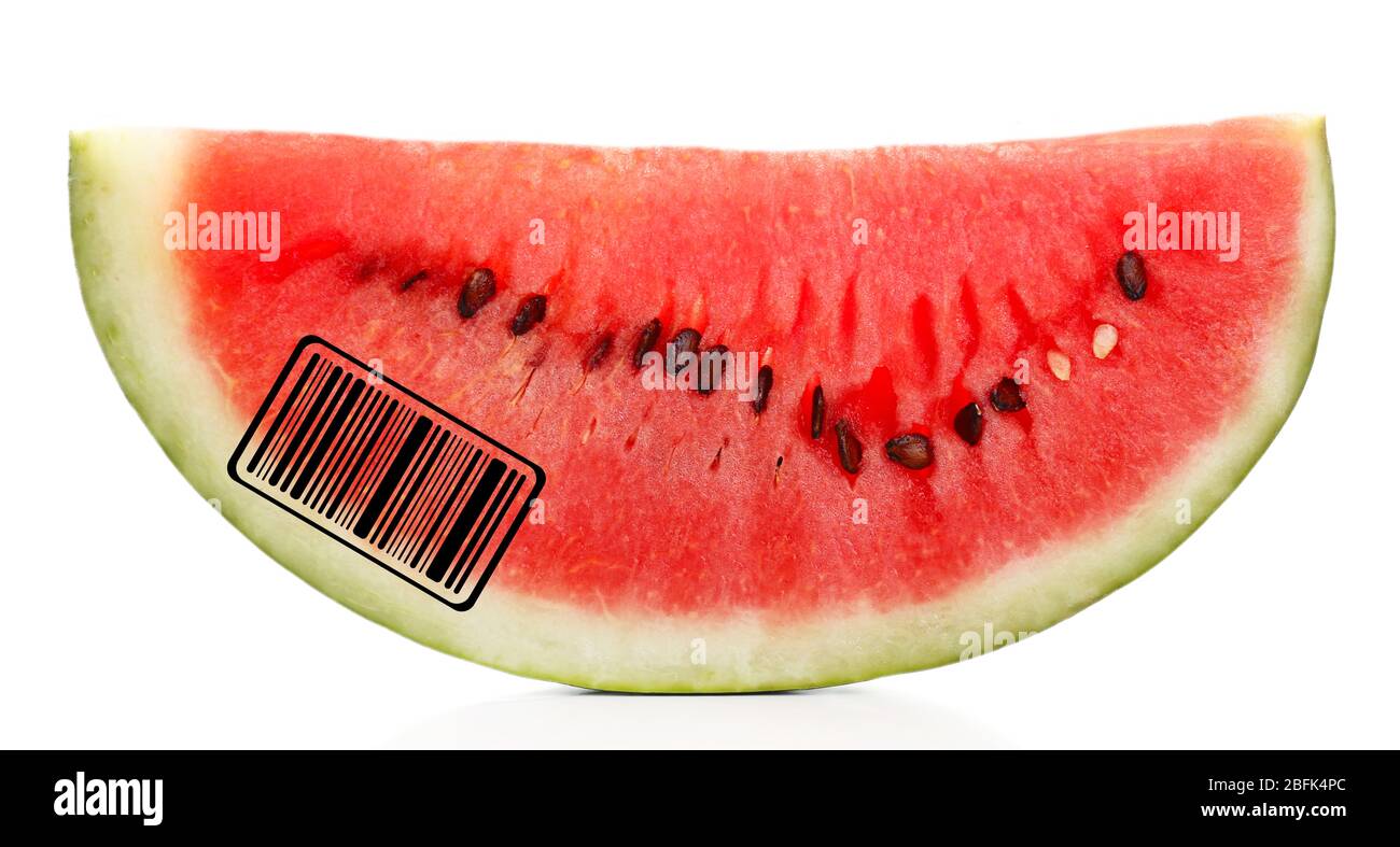Fresh slice of watermelon with barcode, isolated on white Stock Photo ...