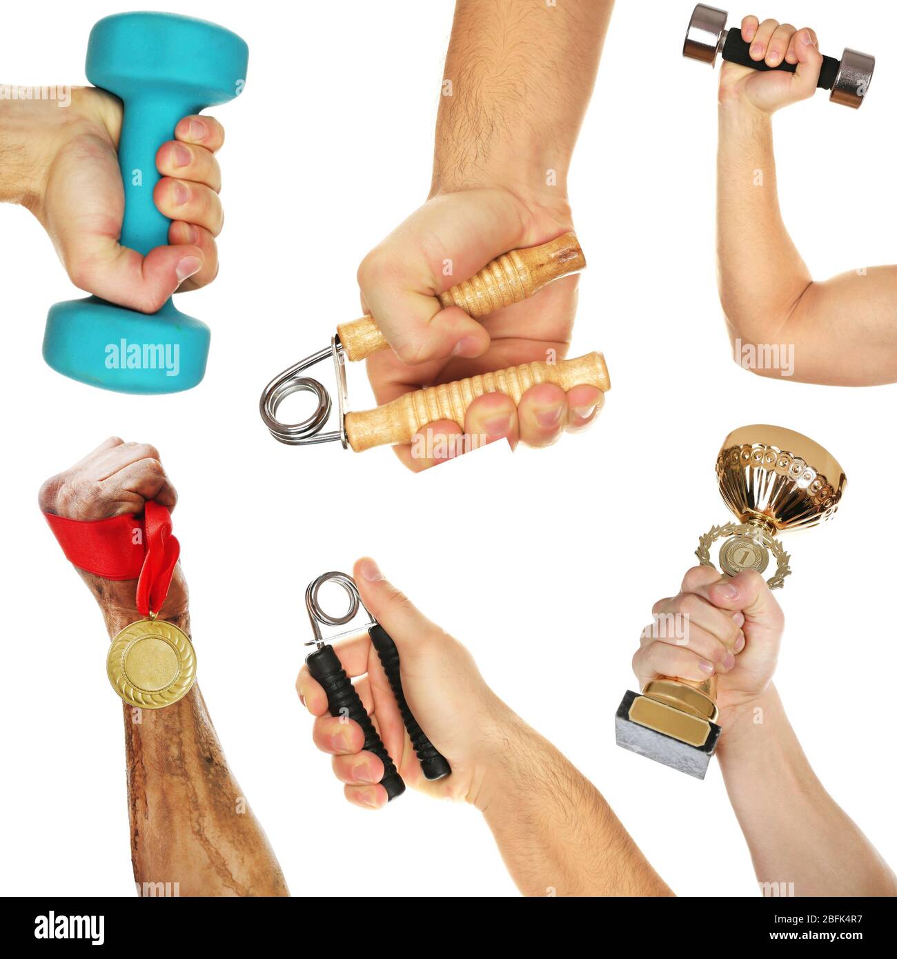 Different sport things in hands isolated on white in collage Stock ...