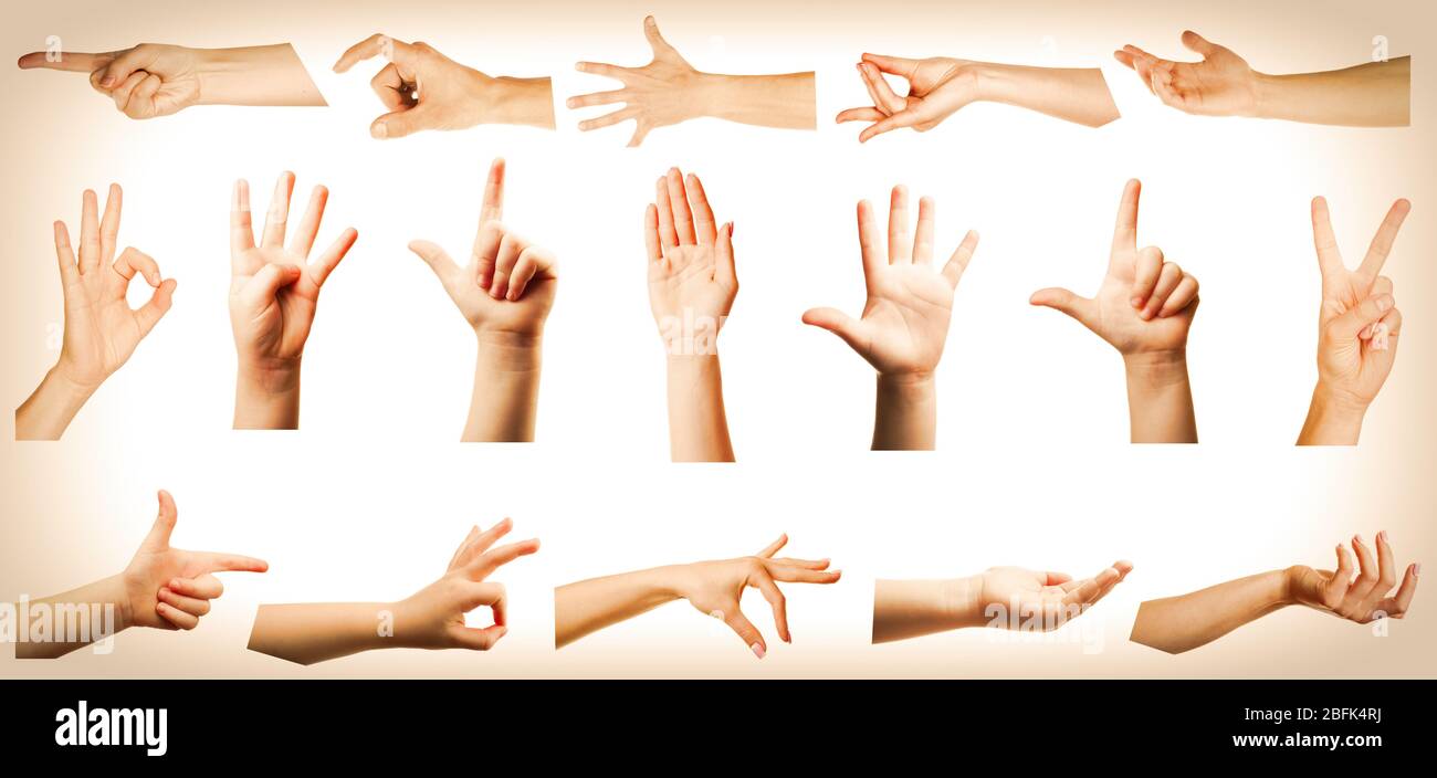 Collage of hands showing different gestures on light background Stock ...