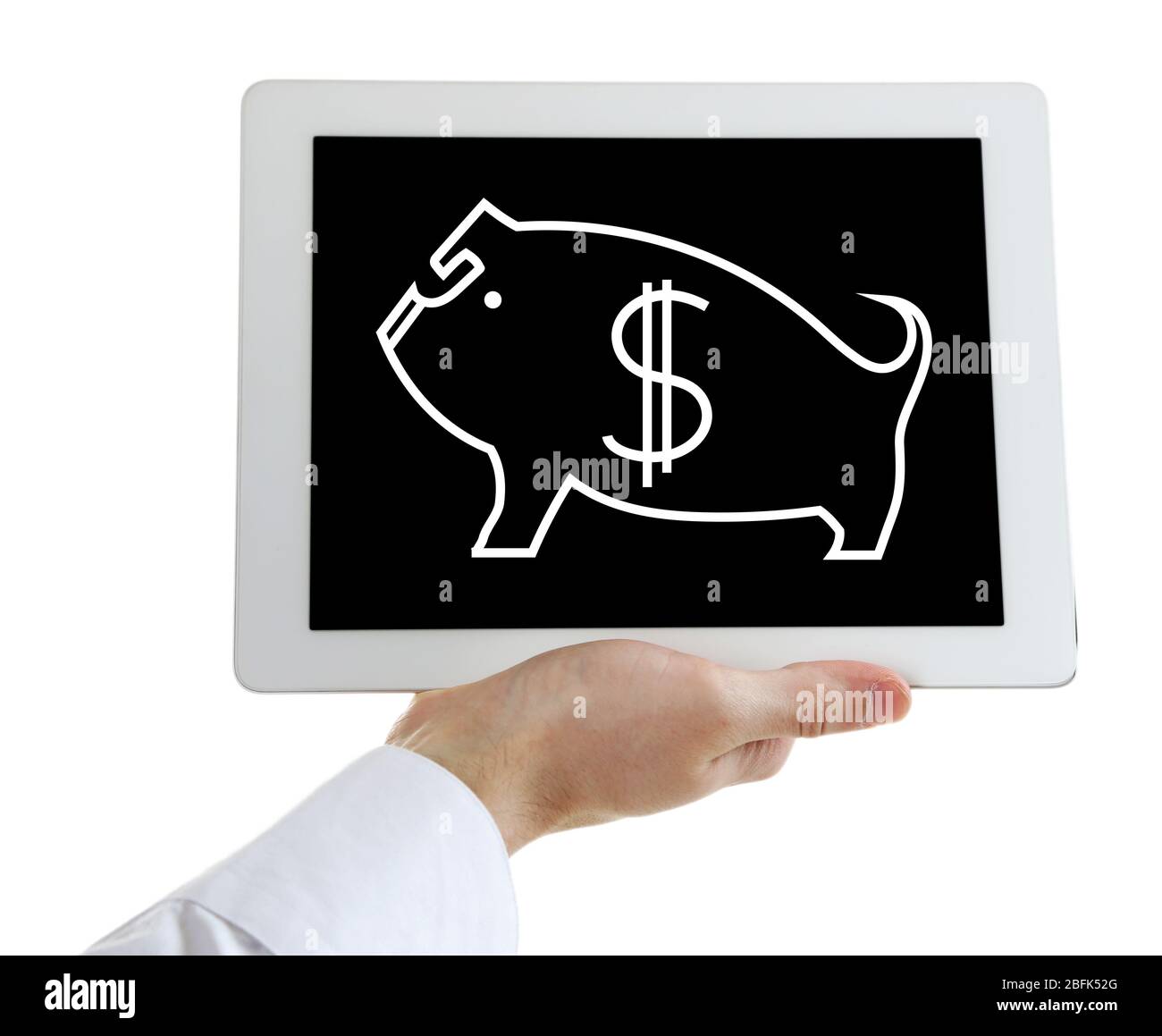 Money concept. Digital tablet in hand isolated on white Stock Photo - Alamy