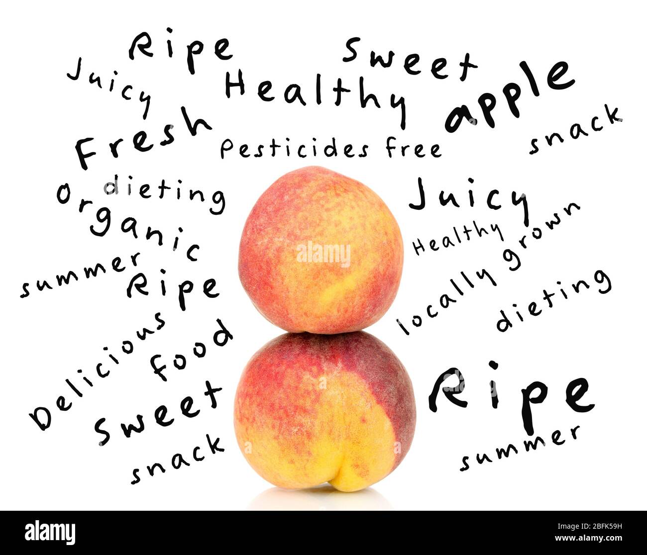 Fresh peach and words around isolated on white Stock Photo - Alamy