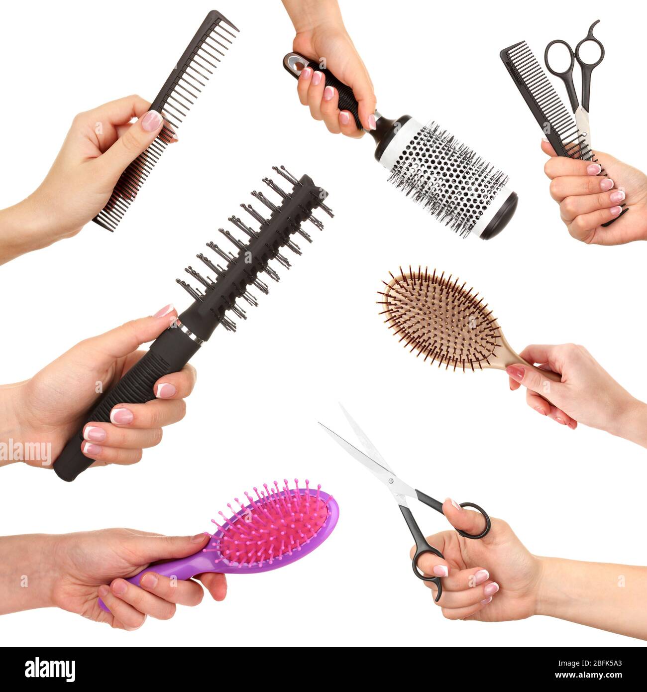 Different hairdressing supplies in hands isolated on white in collage ...