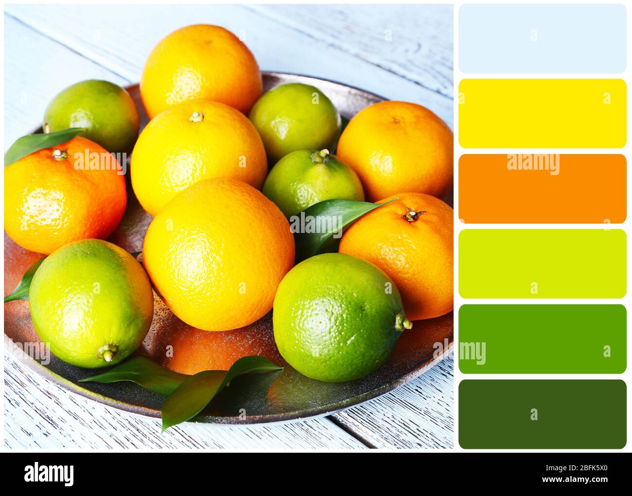 Fresh fruits on table and palette of colors Stock Photo - Alamy