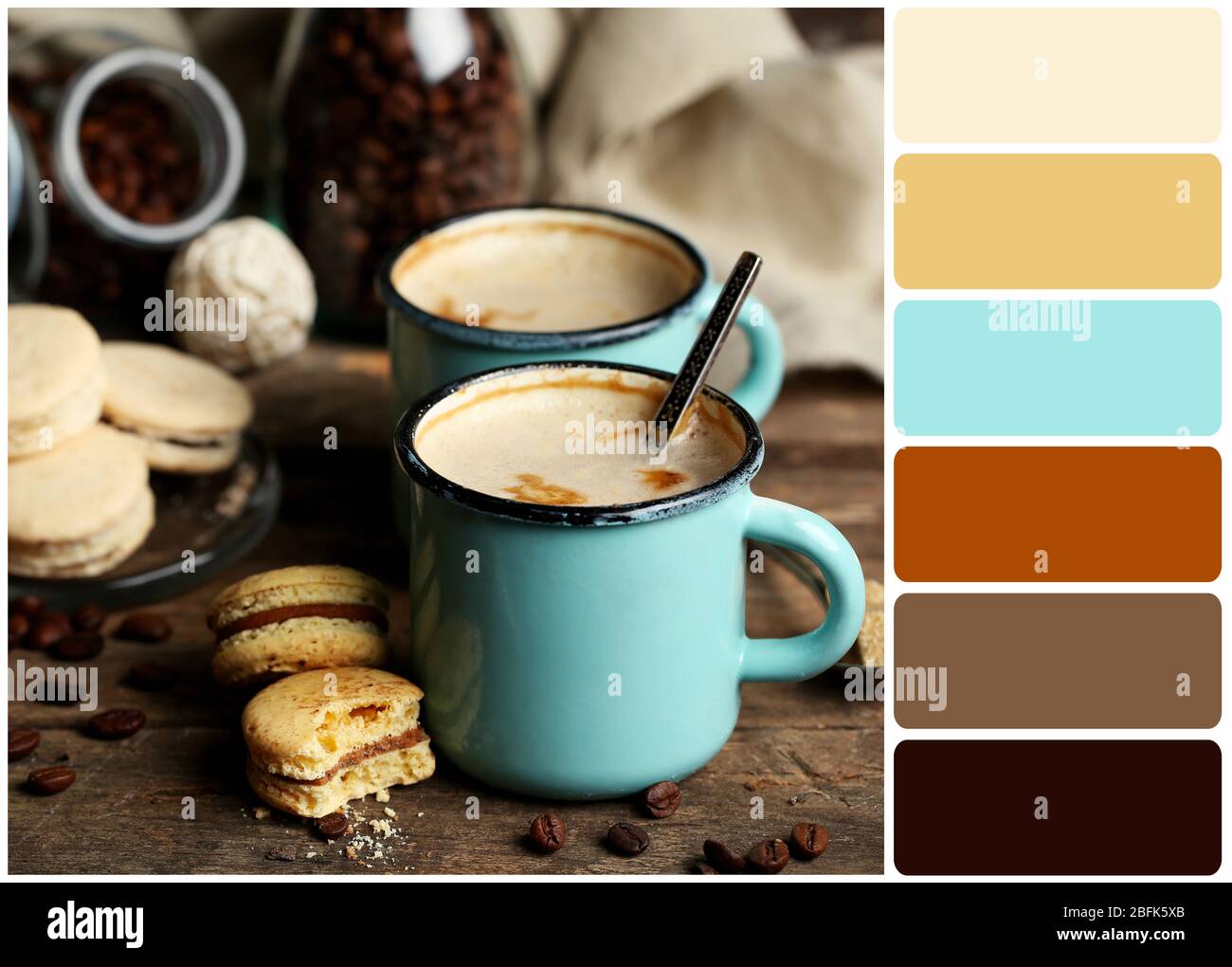 Tasty cappuccino on table and palette of colors Stock Photo - Alamy