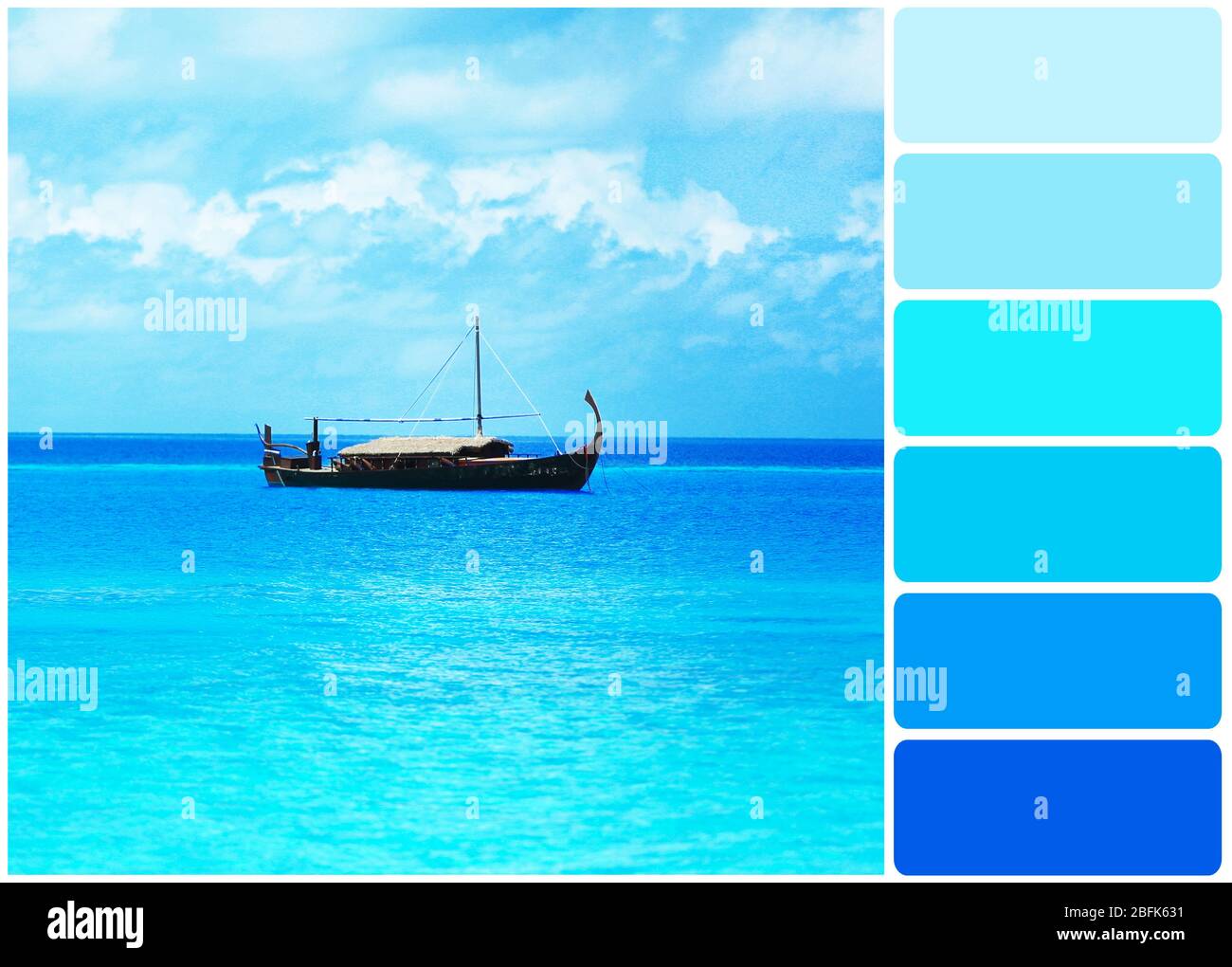 View of beautiful blue ocean water with ship in resort and palette of ...