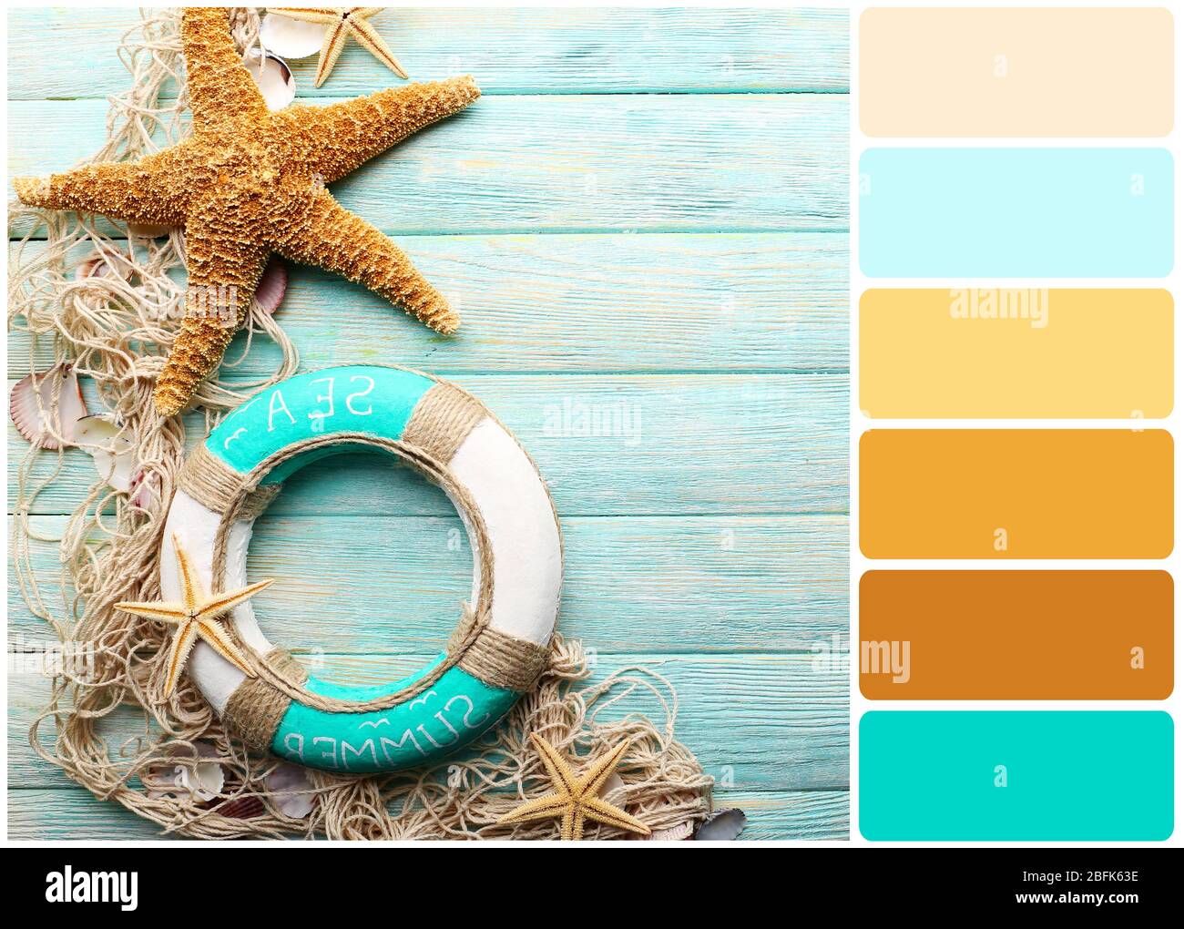 Beautiful sea composition with lifebuoy and shells on wooden background ...