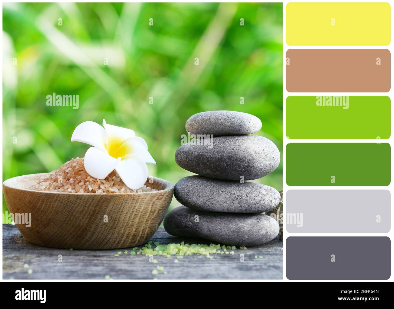 Spa still life on wooden table and palette of colors Stock Photo - Alamy