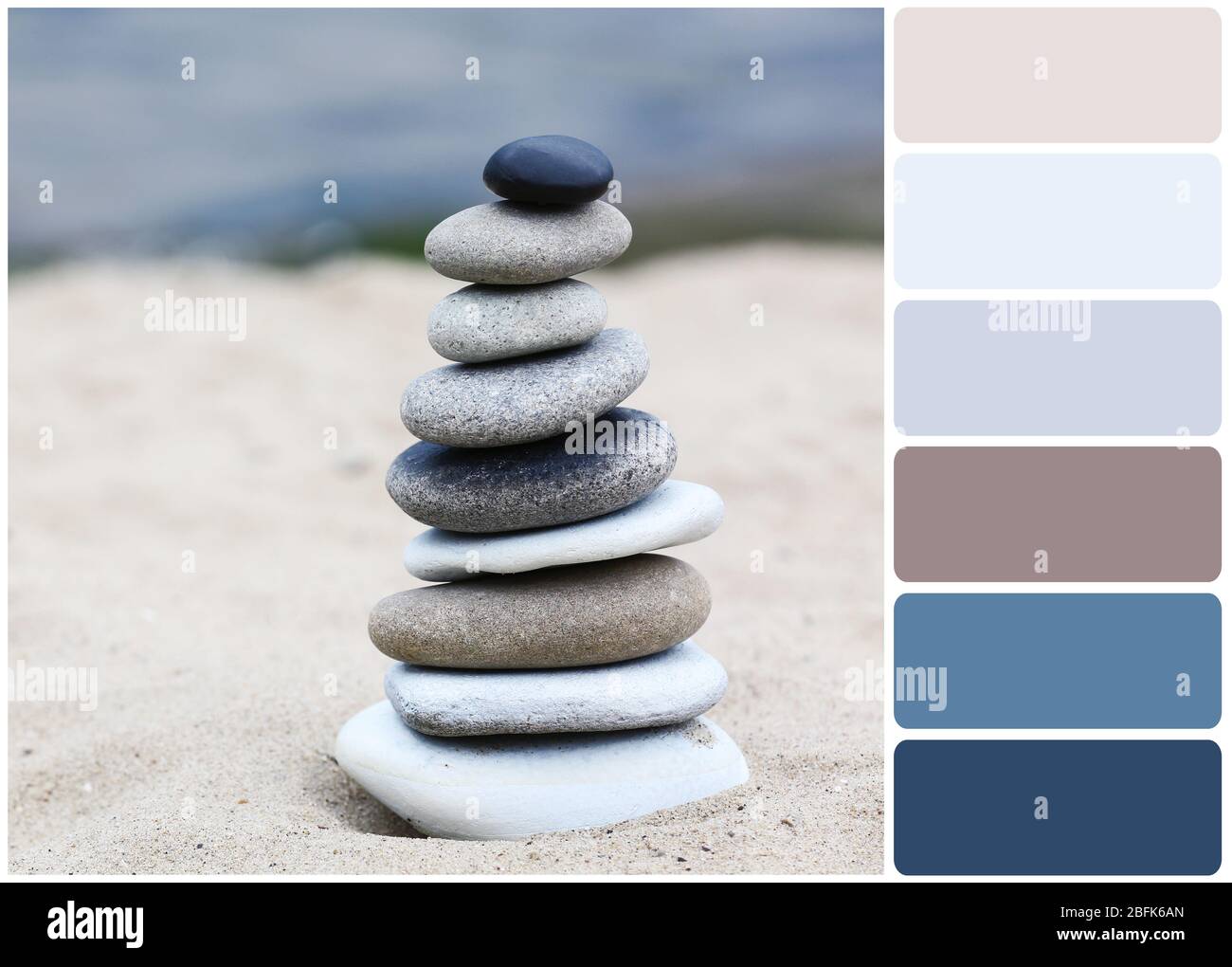 Zen stones balance spa on beach and palette of colors Stock Photo - Alamy