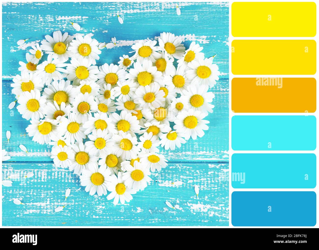 Chamomile in shape of heart on color wooden background and palette of ...