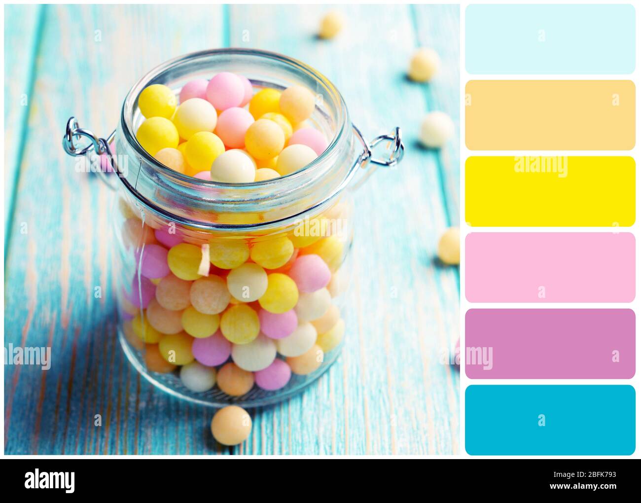 Colorful sprinkles in jar on table and palette of colors Stock Photo ...