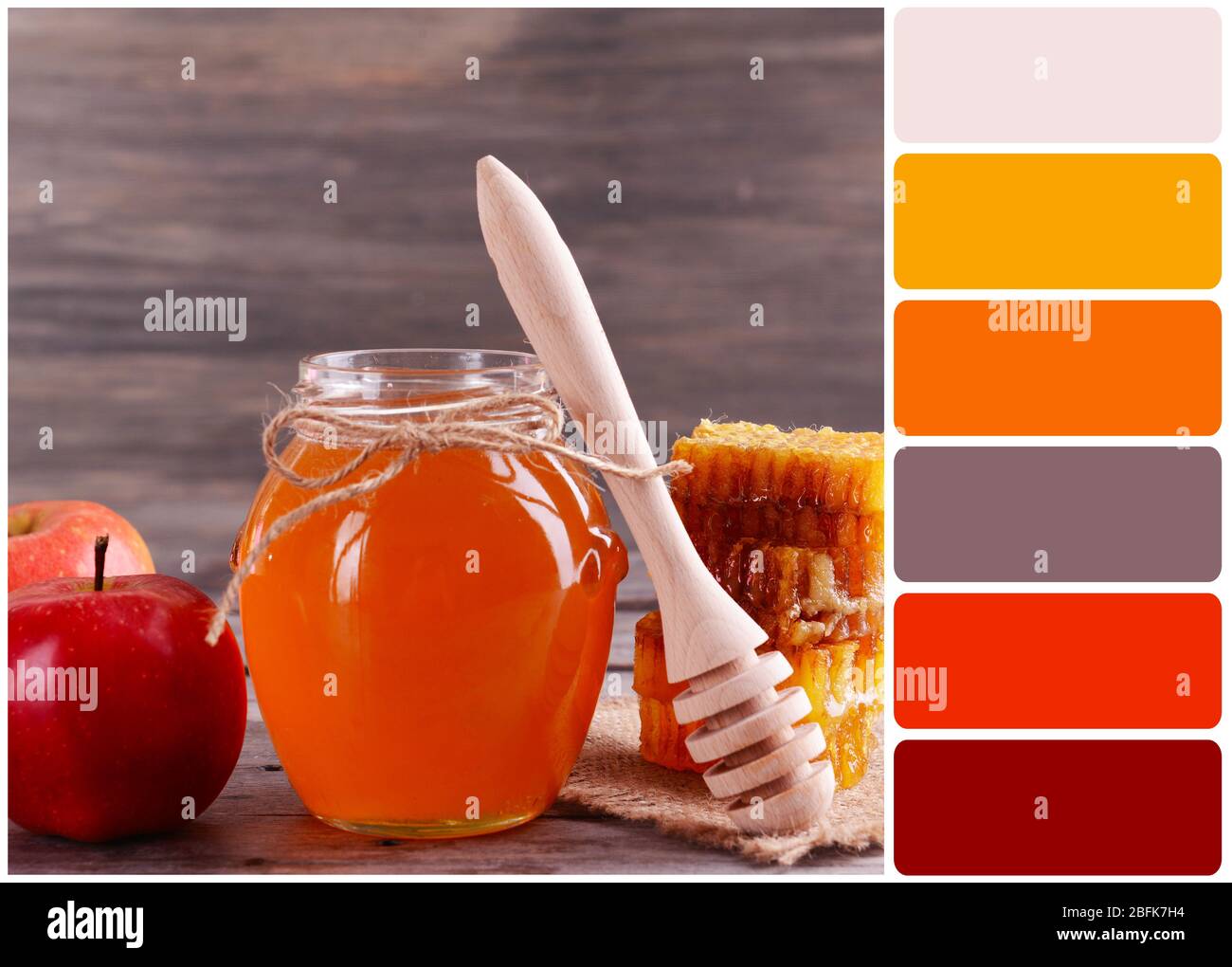 Delicious honey with apple on table and palette of colors Stock Photo ...