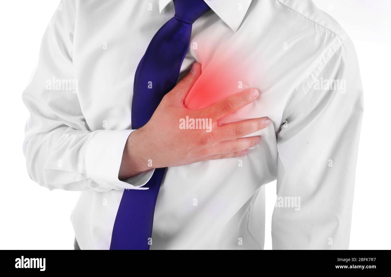 Man having chest pain - heart attack, isolated on white Stock Photo - Alamy