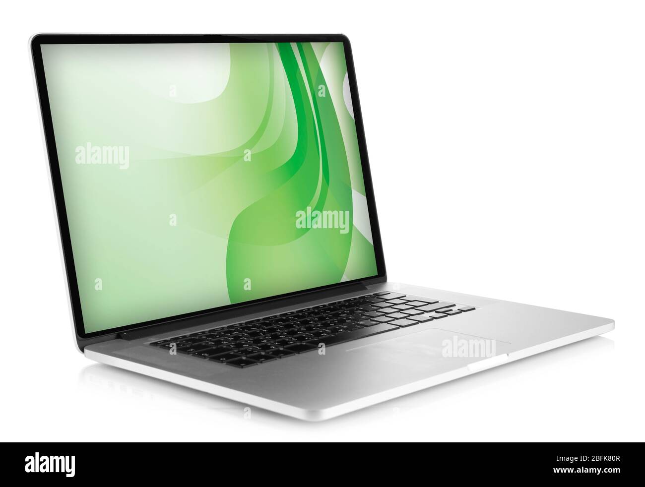 Laptop with green splash screen isolated on white Stock Photo - Alamy
