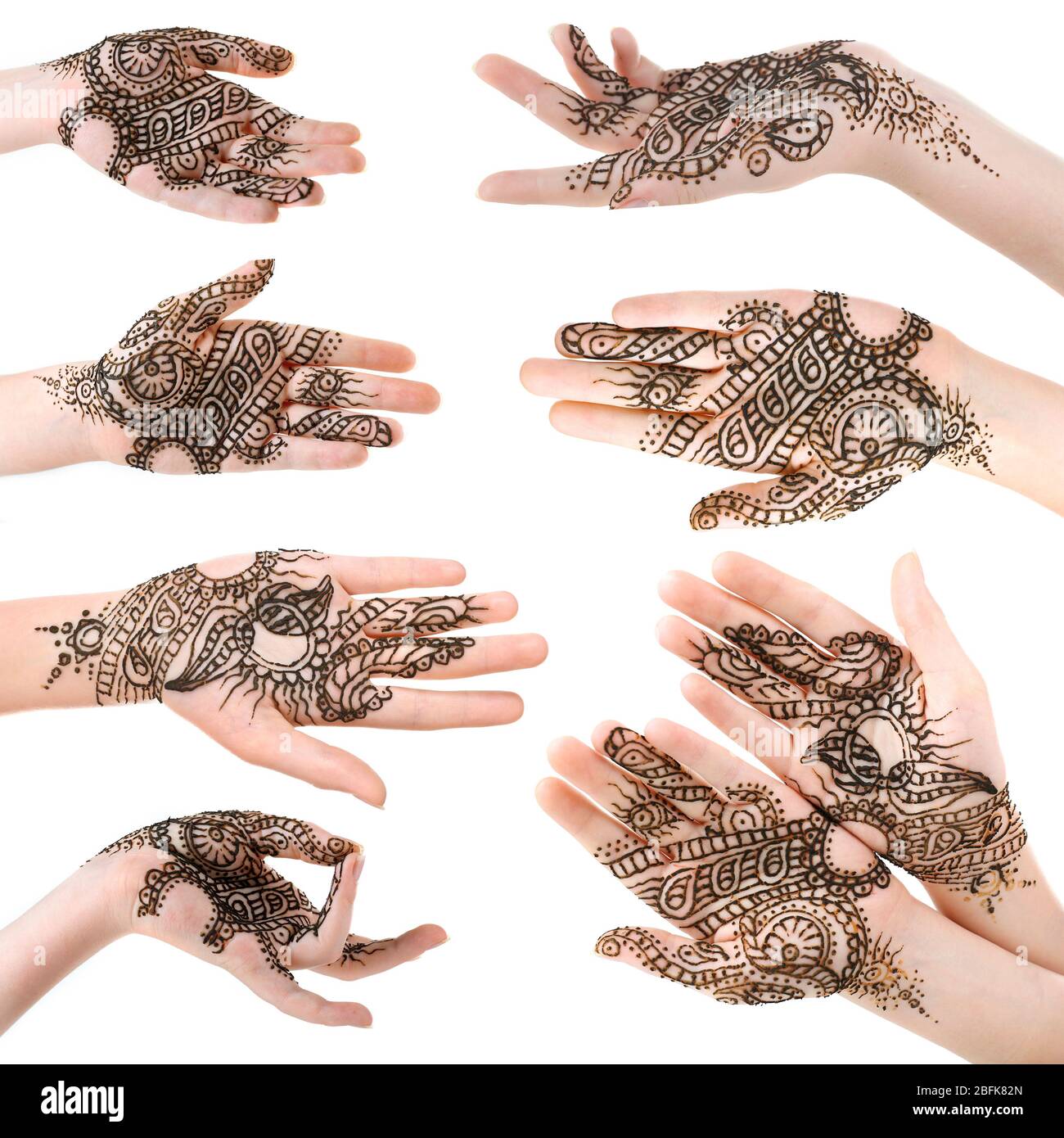 Collage with hands painted with henna, isolated on white Stock Photo ...