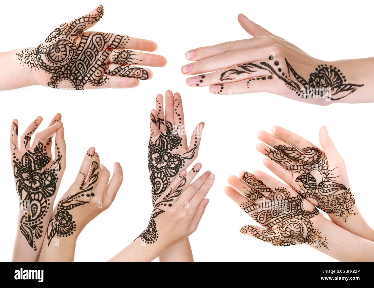 Collage with hands painted with henna, isolated on white Stock Photo ...